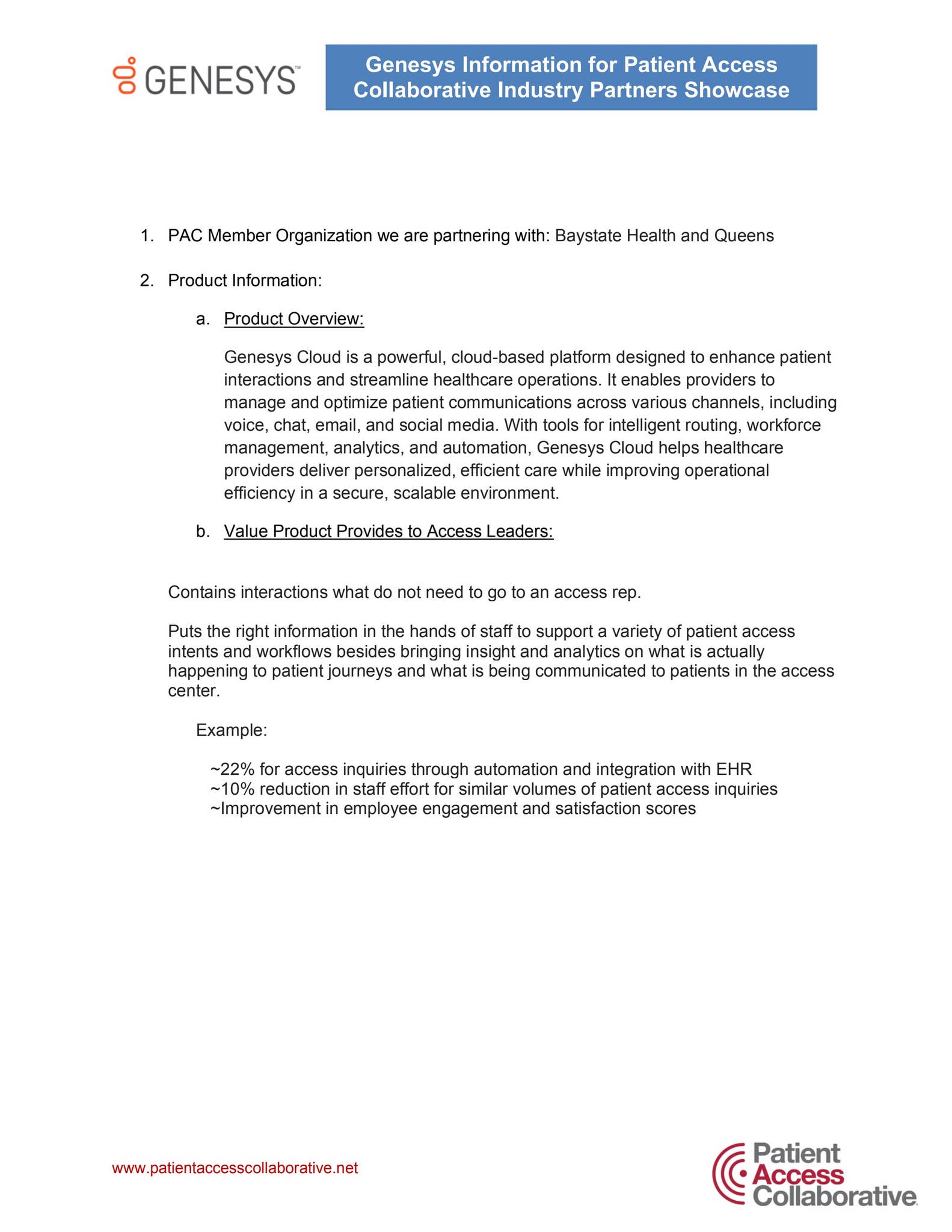 Genesys Information for Patient Access Collaborative Industry Partners ...