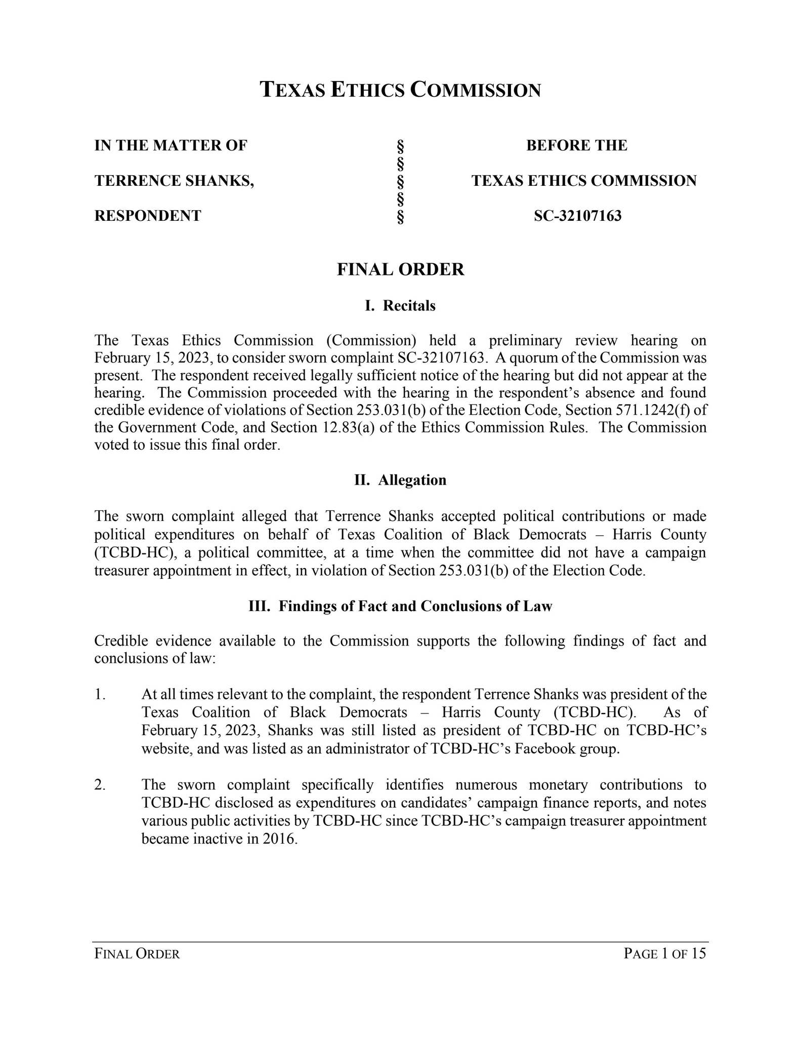 Terrence Shanks a Member of Commissioner Rodney Ellis's Regime Was ...