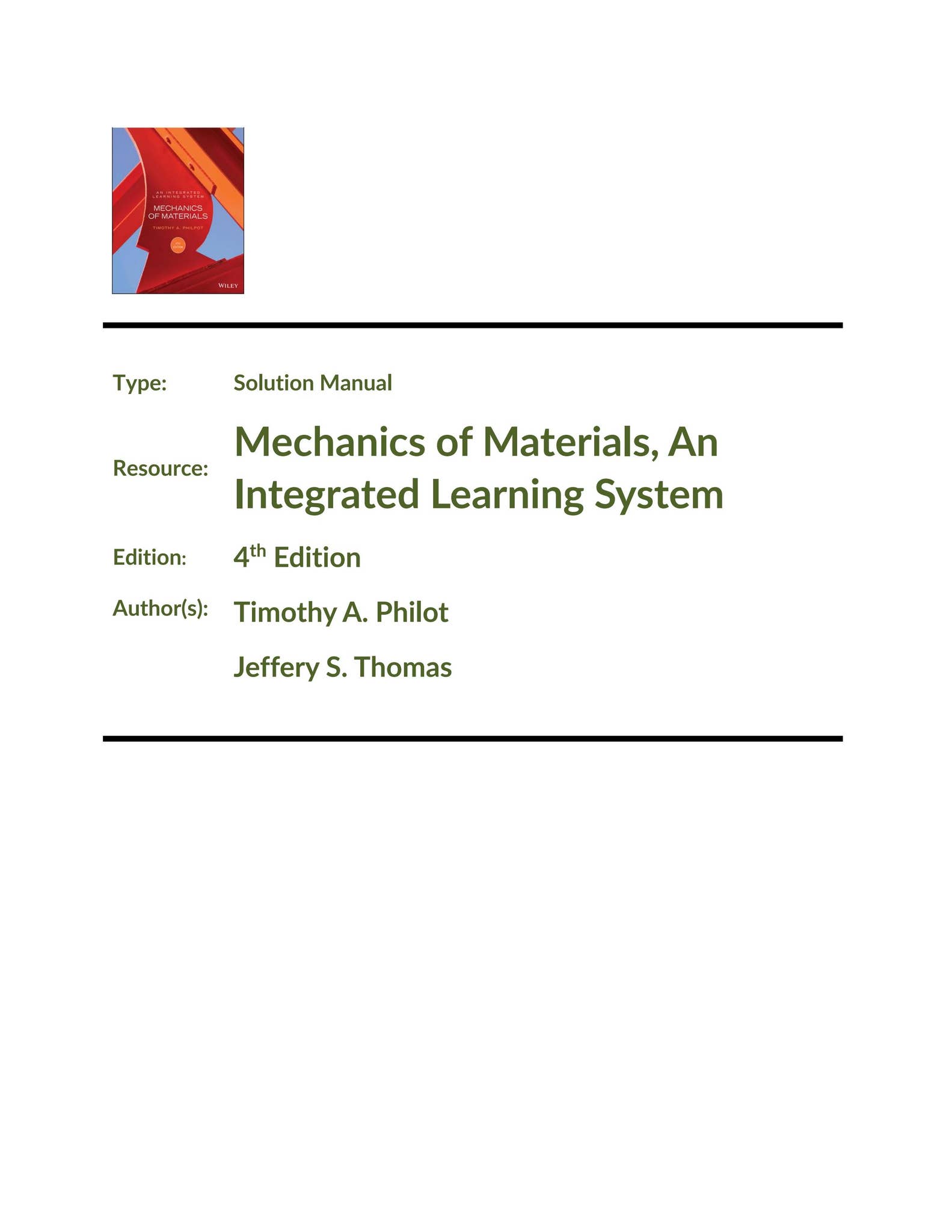 Solution manual for Mechanics of Materials, An Integrated Learning System 4th Edition by Philpot ...