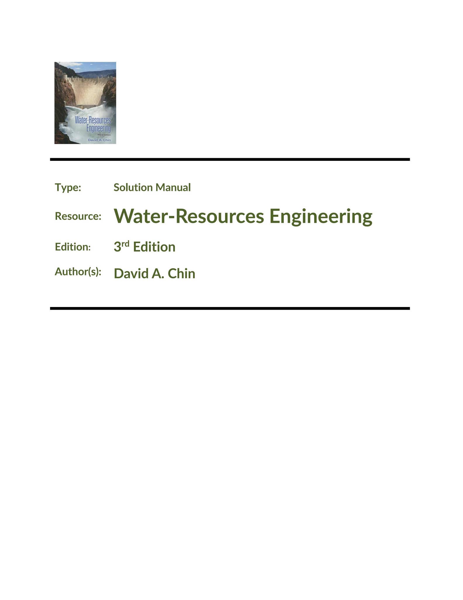 Solution Manual for Water-Resources Engineering, 3rd Edition David A ...