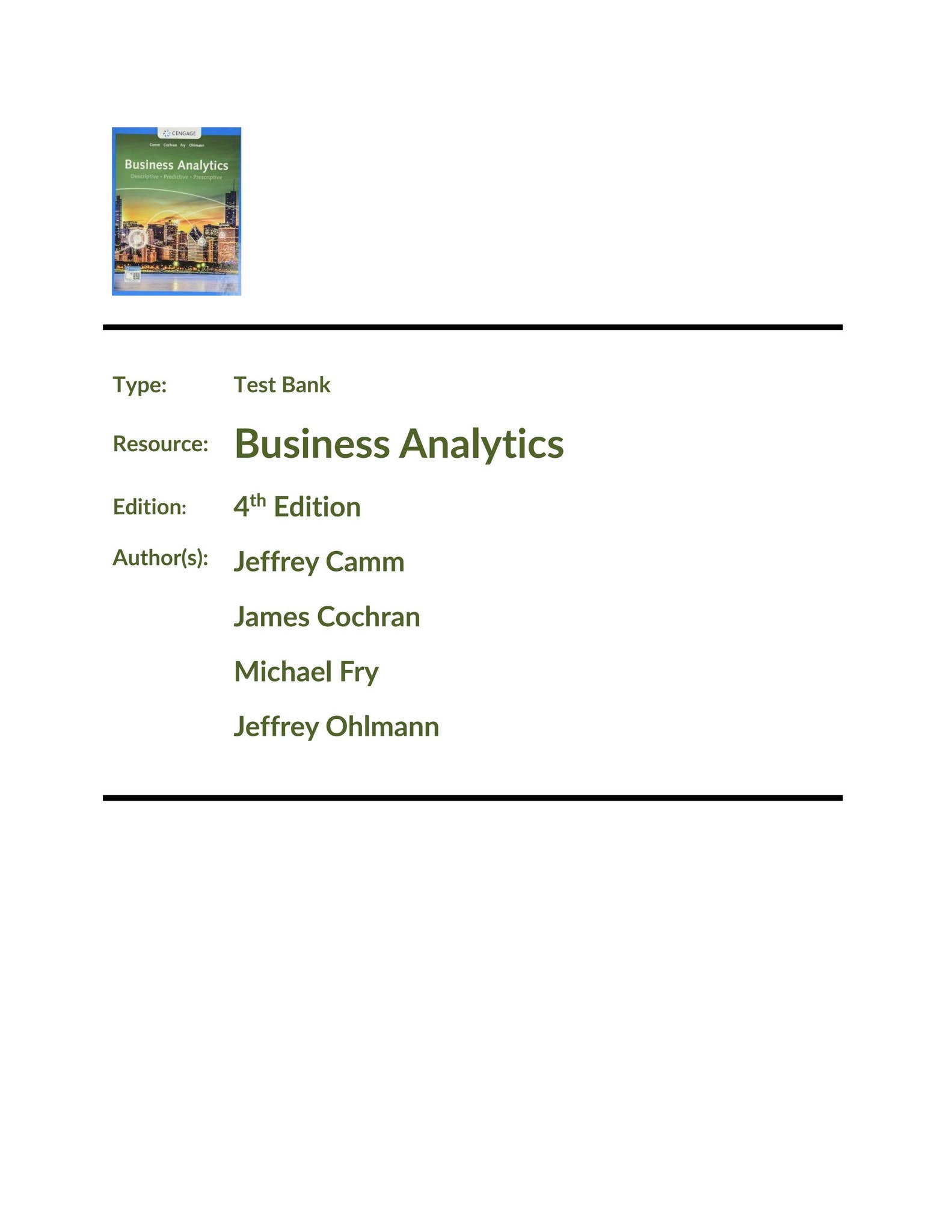 Test Bank For Business Analytics 4th Edition By Tbtutors Issuu