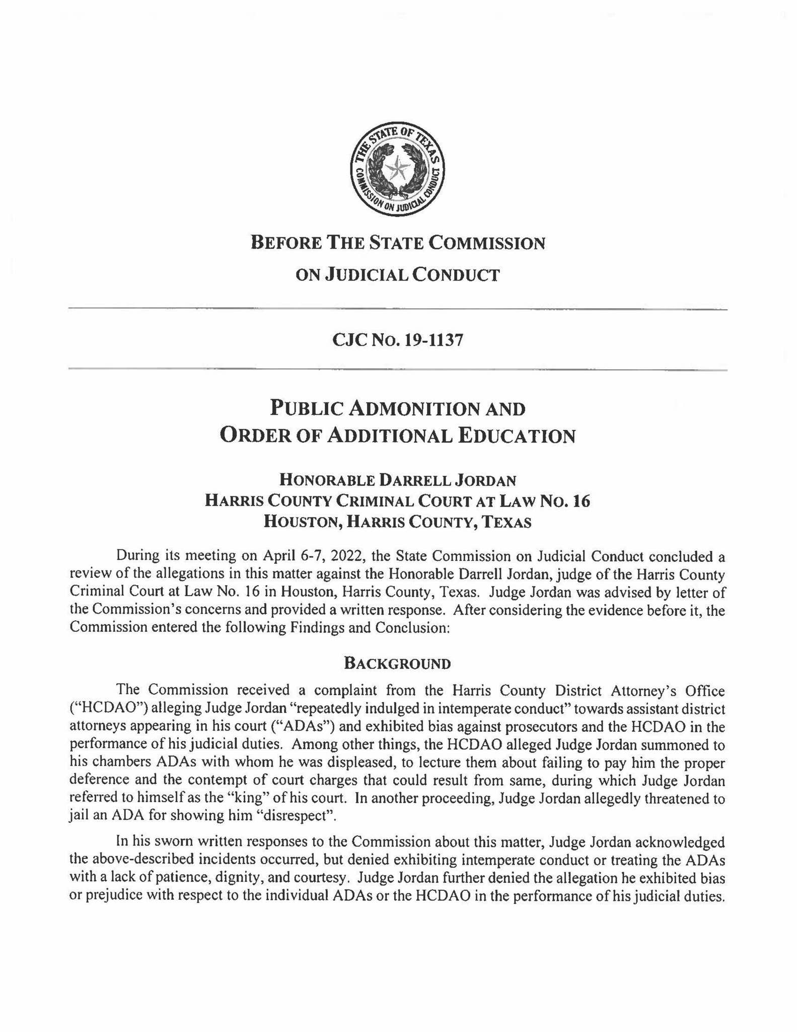 Judge Darrell Jordan was Publicly Admonished by the State Commission on ...