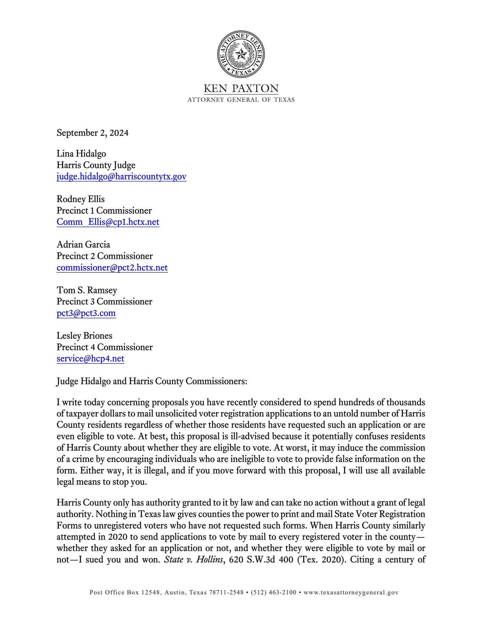 Attorney General Ken Paxton Sent Letter to Judge Lina Hidalgo, Ellis ...