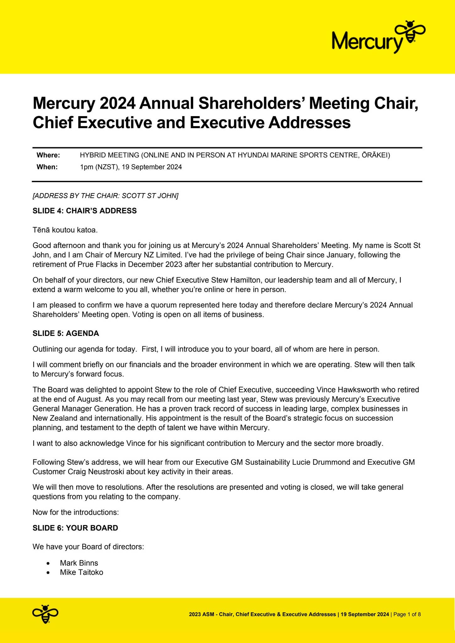 2024 Annual Shareholders' Meeting - Chair, Chief Executive and Executive Addresses by Mercury ...
