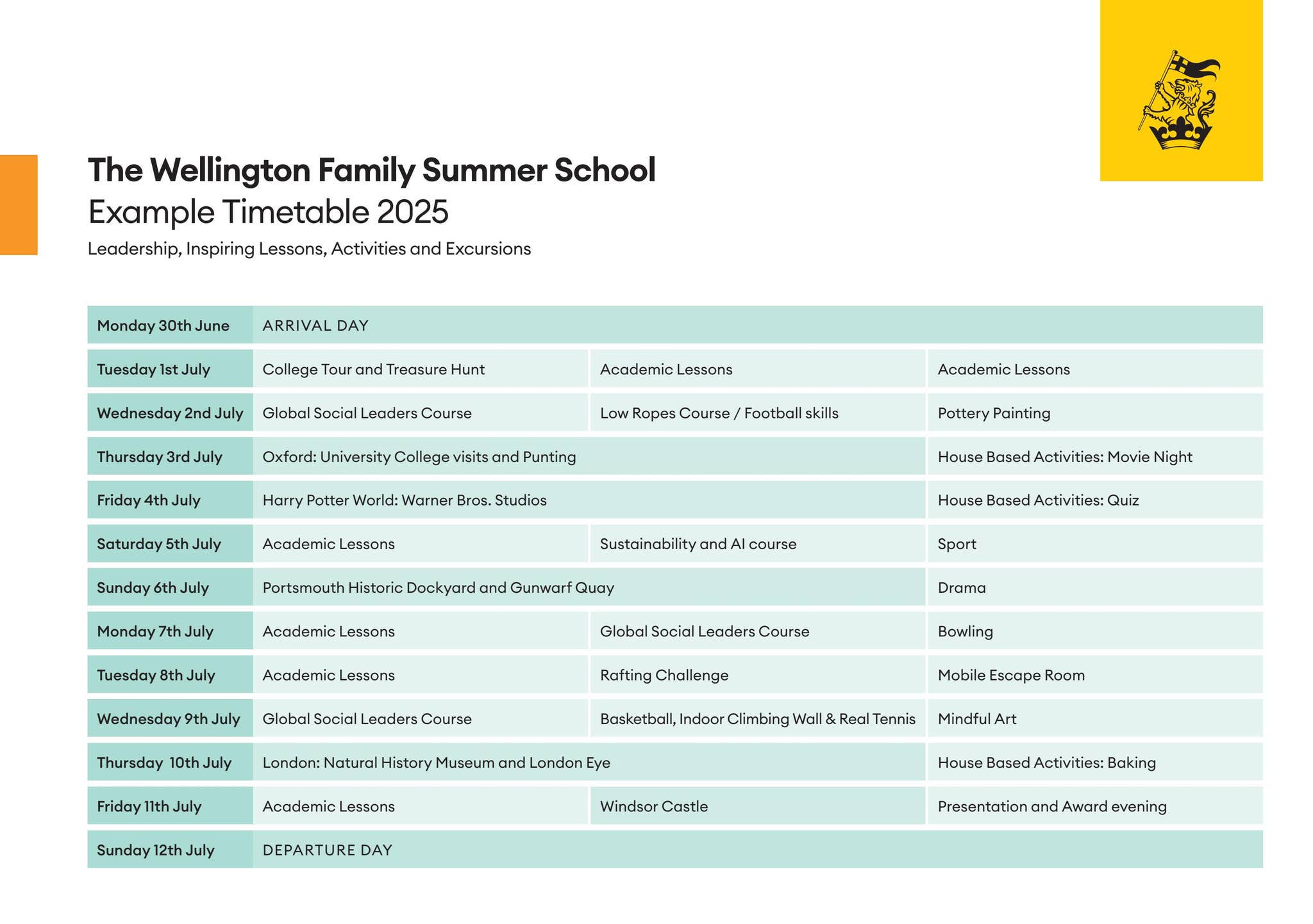 The Wellington Family Summer School Programme Example Timetable by ...