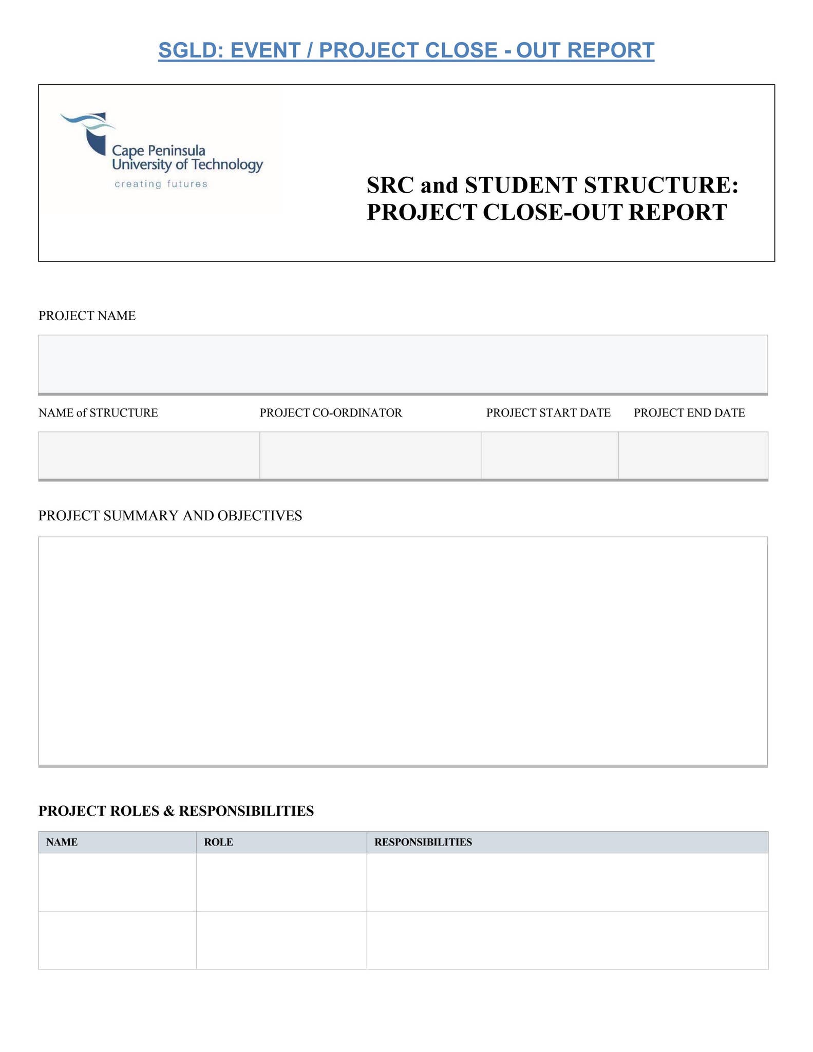 SGLD Project and Event Close-out Report Template by Cape Peninsula ...
