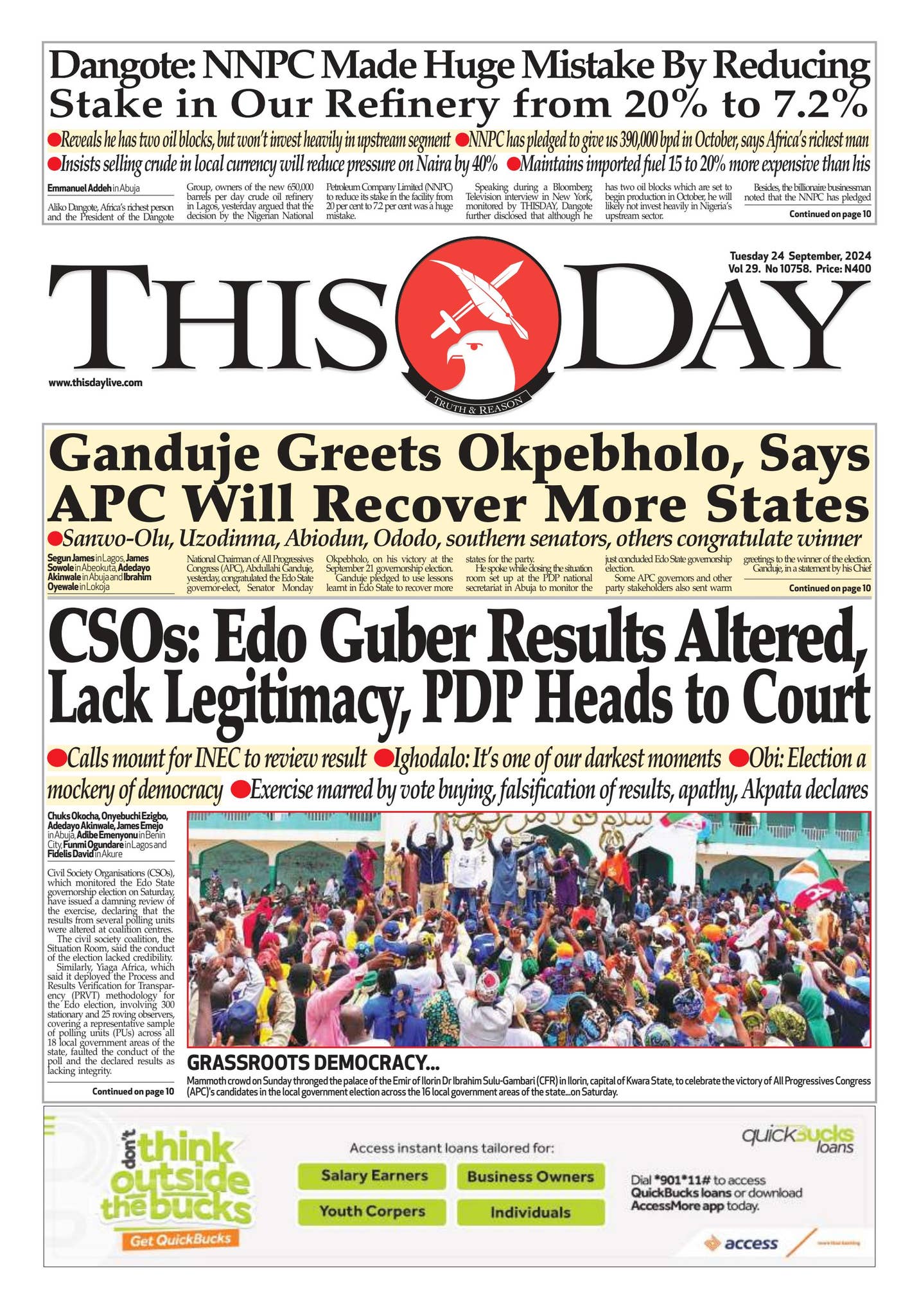 TUESDAY 24TH SEPTEMBER 2024 by THISDAY Newspapers Ltd - Issuu