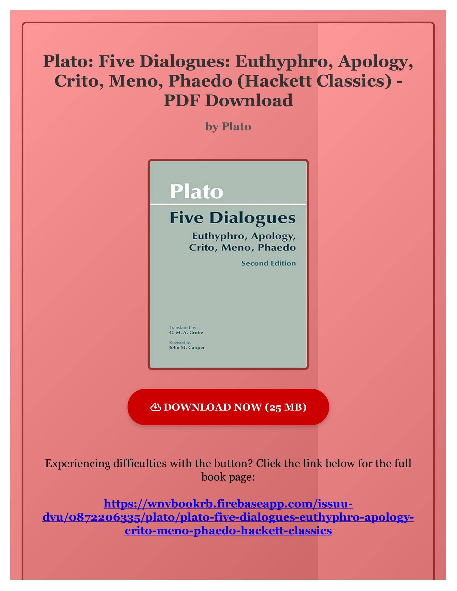 PDF Free Plato: Five Dialogues: Euthyphro, Apology, Crito, Meno, Phaedo (Hackett Classics) by ...