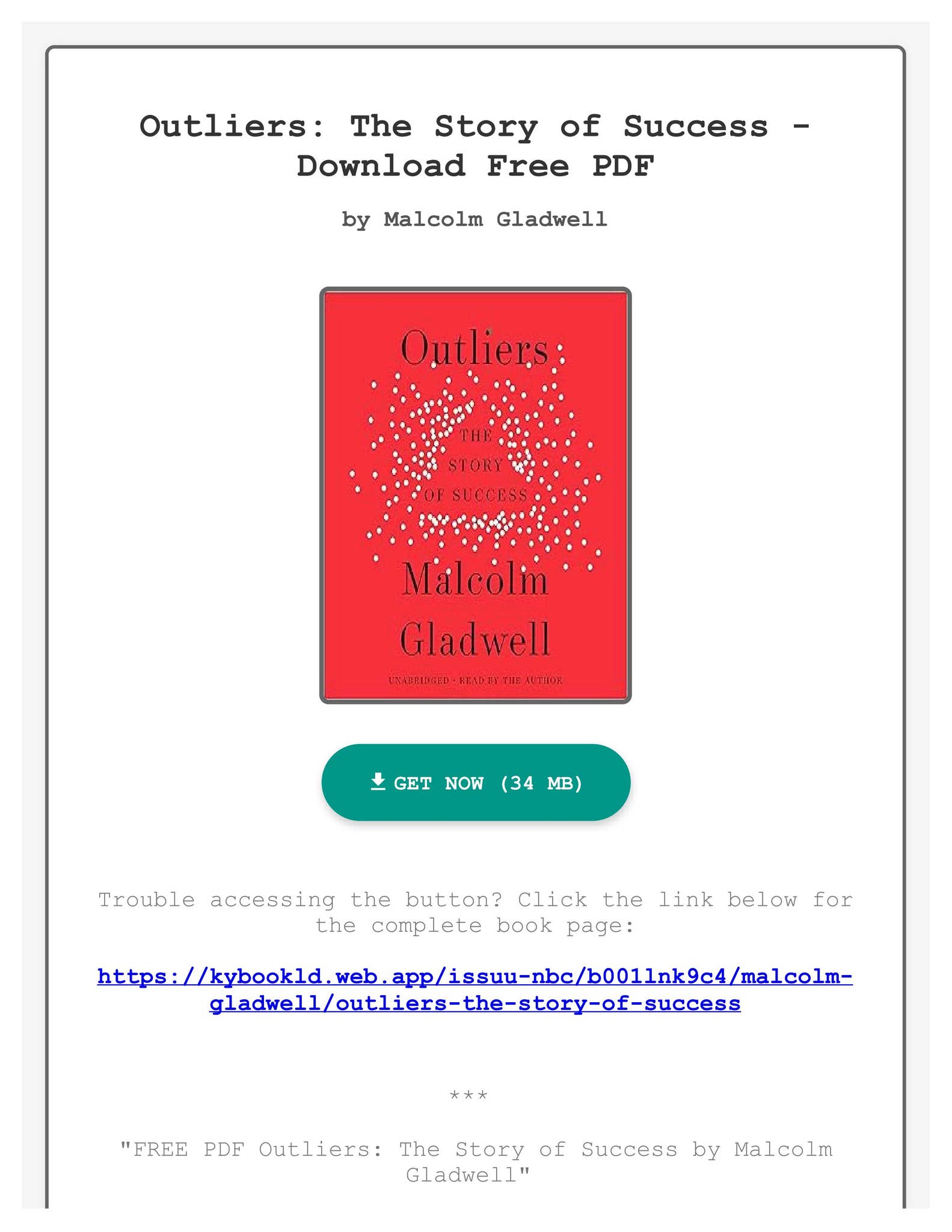 FREE PDF Outliers: The Story of Success by Malcolm Gladwell by ...