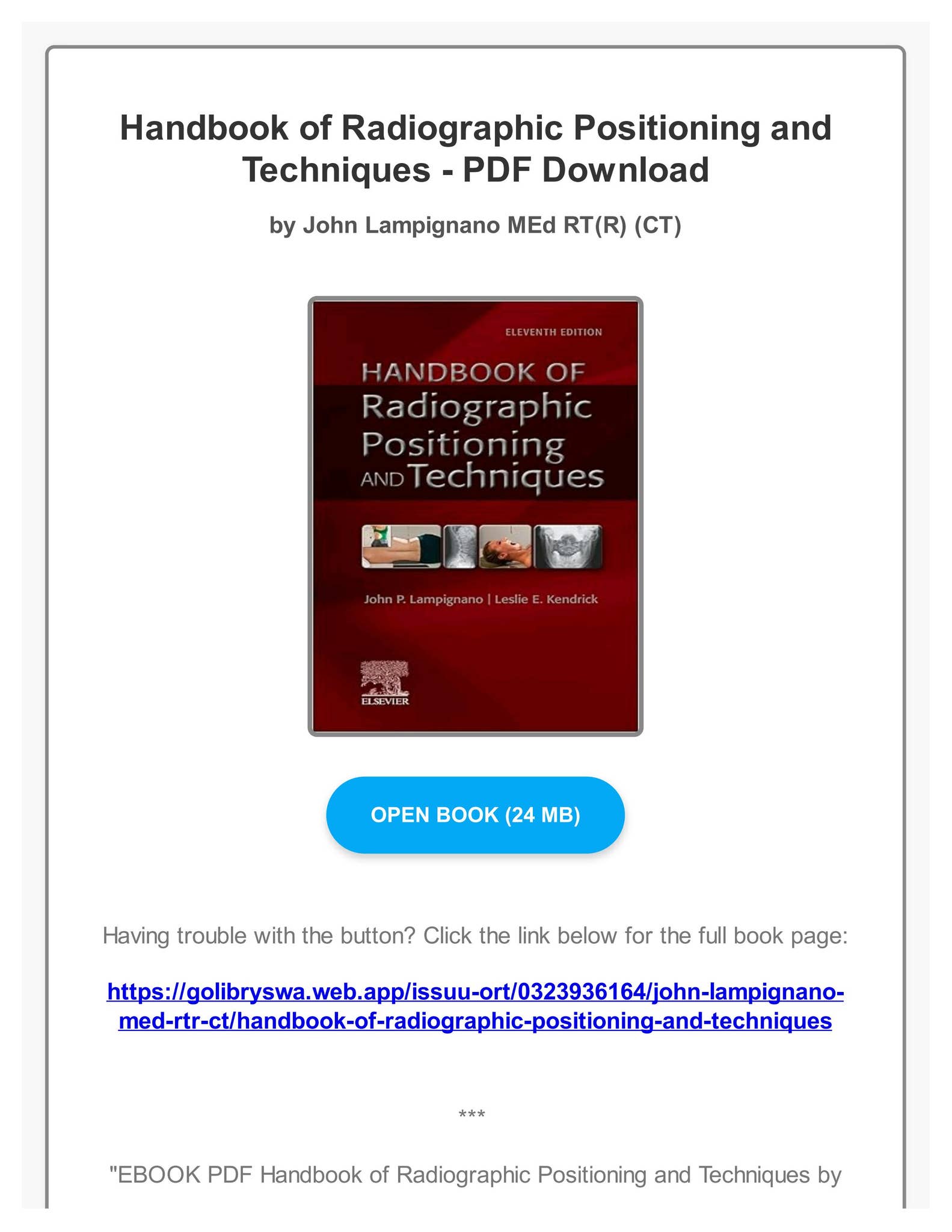 EBOOK PDF Handbook of Radiographic Positioning and Techniques by John ...