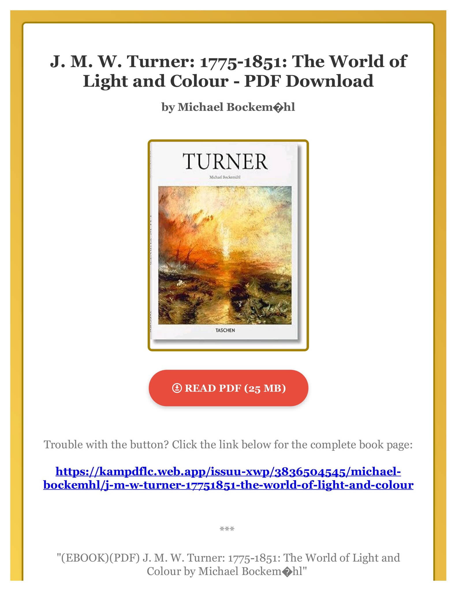 Ebook Pdf J M W Turner 1775 1851 The World Of Light And Colour