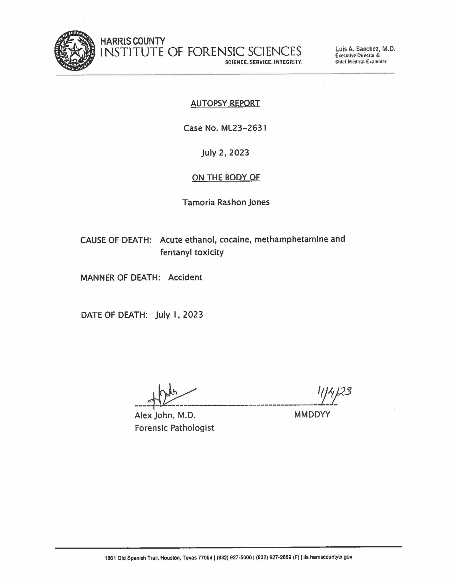 Autopsy of Tamoria Jones, the Chief of staff for State Representative ...