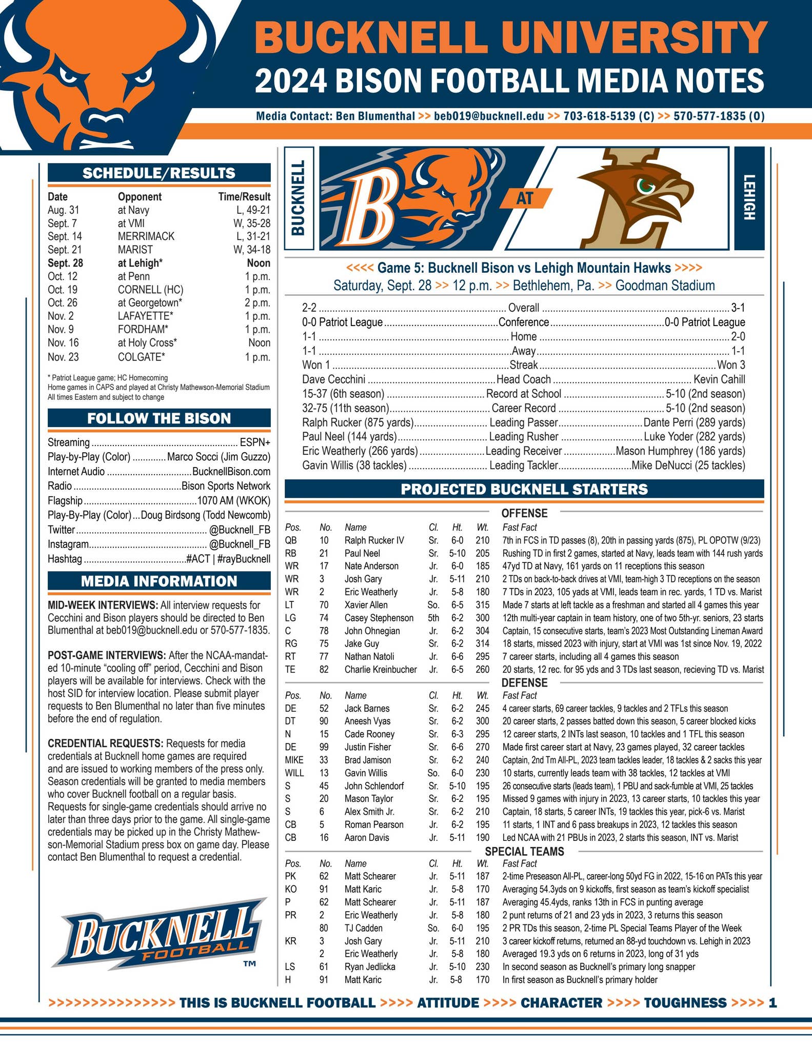 Bucknell Football Game Notes at Lehigh (2024) by Bucknell University ...