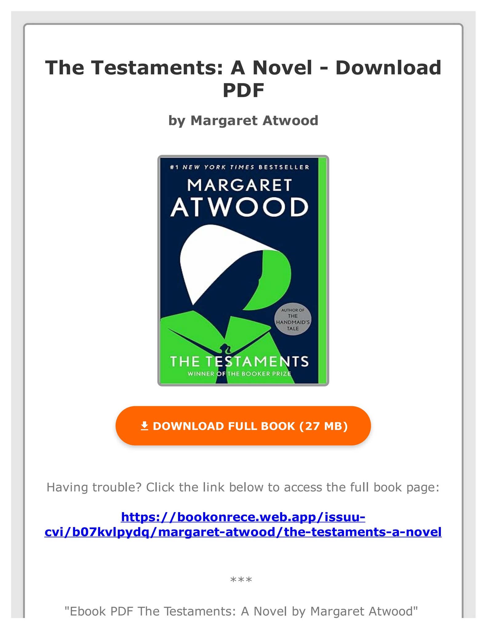 Ebook PDF The Testaments: A Novel by Margaret Atwood by KeiraMullerhj ...