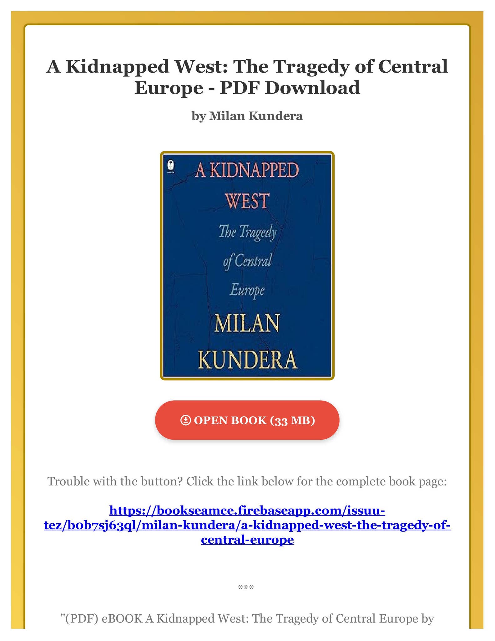 (PDF) eBOOK A Kidnapped West: The Tragedy of Central Europe by Milan ...