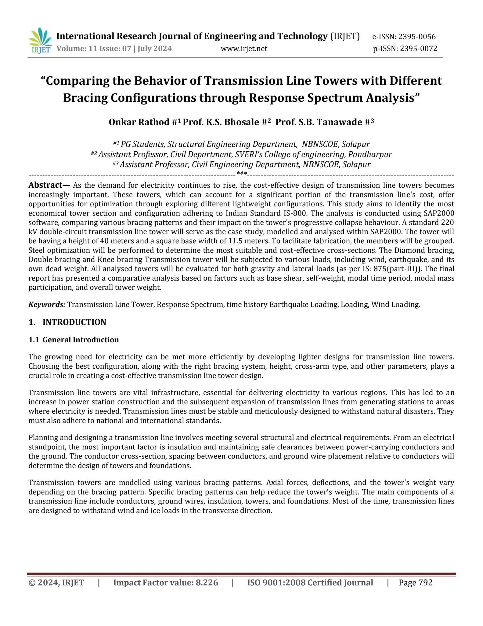 “Comparing the Behavior of Transmission Line Towers with Different ...