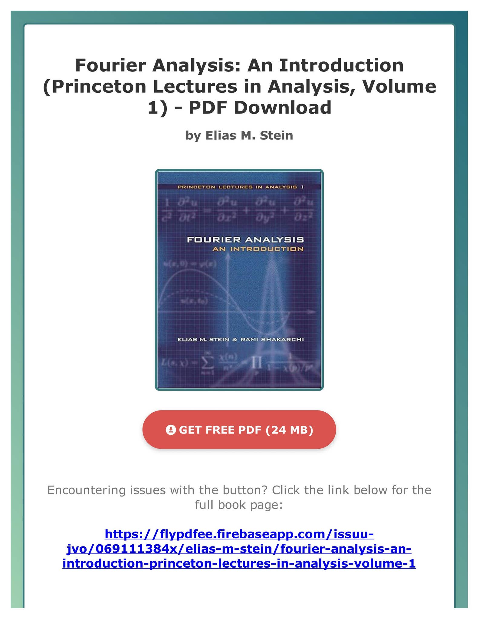 Ebook Fourier Analysis: An Introduction (Princeton Lectures in Analysis, Volume 1) by Elias M ...
