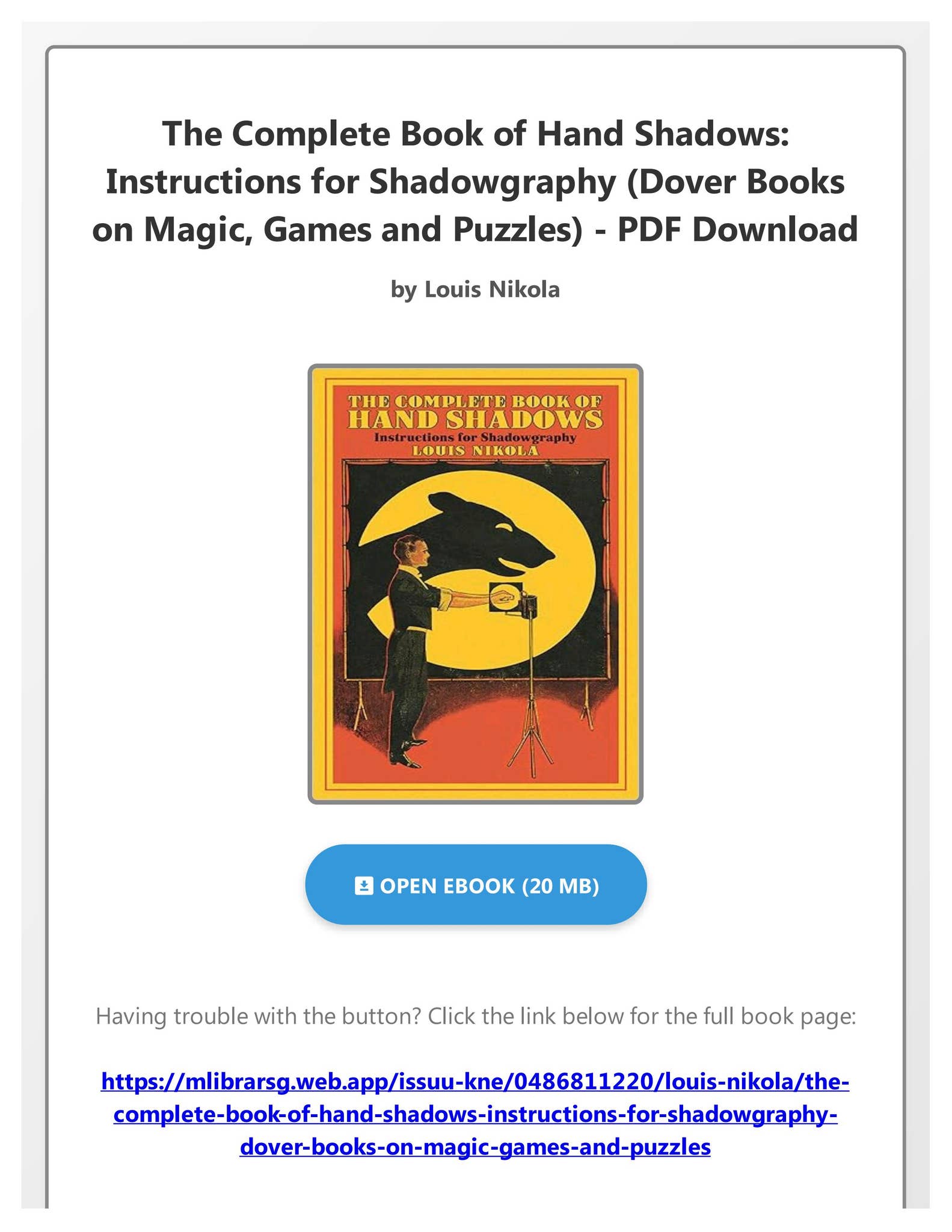 PDF The Complete Book of Hand Shadows: Instructions for Shadowgraphy ...