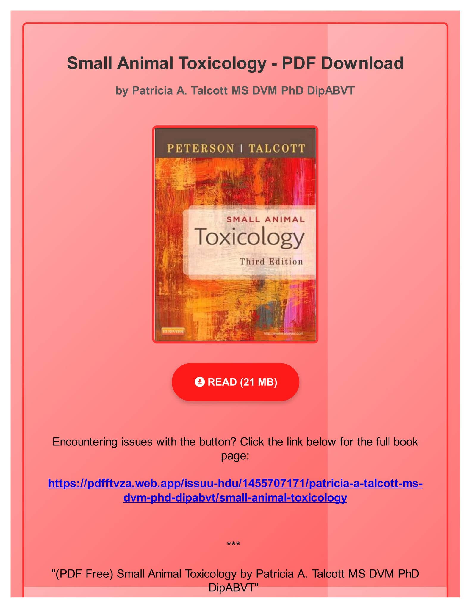 (PDF Free) Small Animal Toxicology by Patricia A. Talcott MS DVM PhD ...