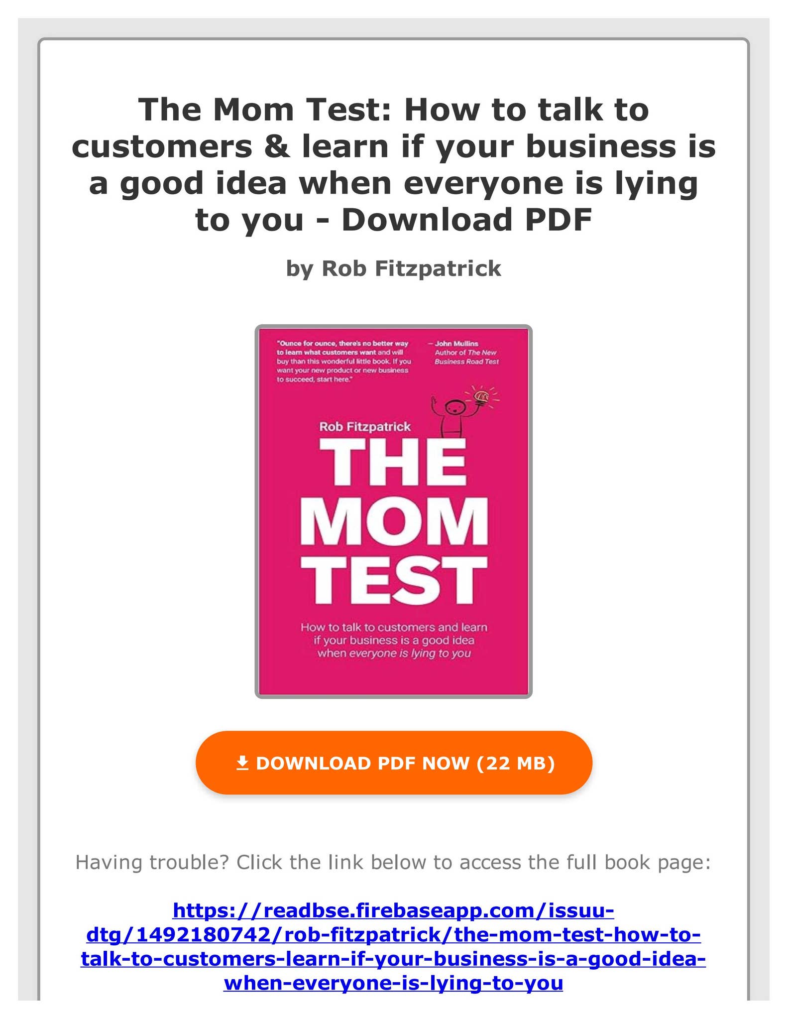 Pdf Free The Mom Test: How to talk to customers & learn if your ...