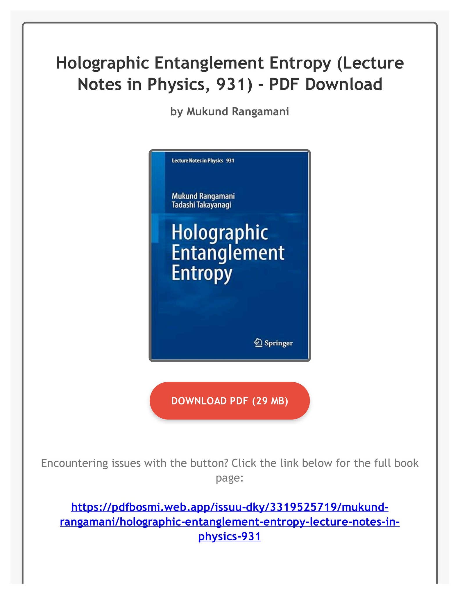 PDF Free Holographic Entanglement Entropy (Lecture Notes in Physics ...