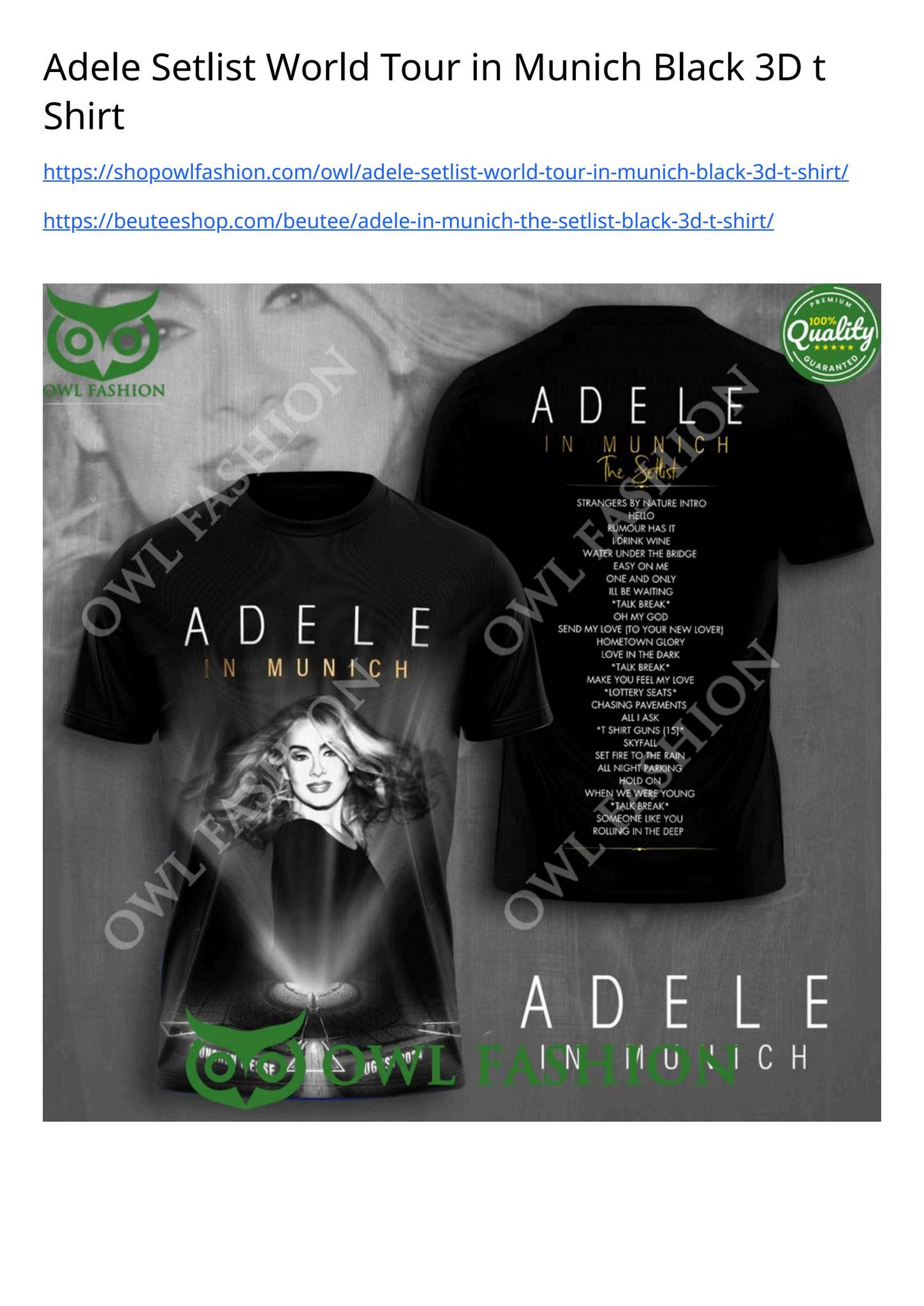 Adele Setlist World Tour in Munich Black 3D t Shirt by Shop Owl Fashion ...