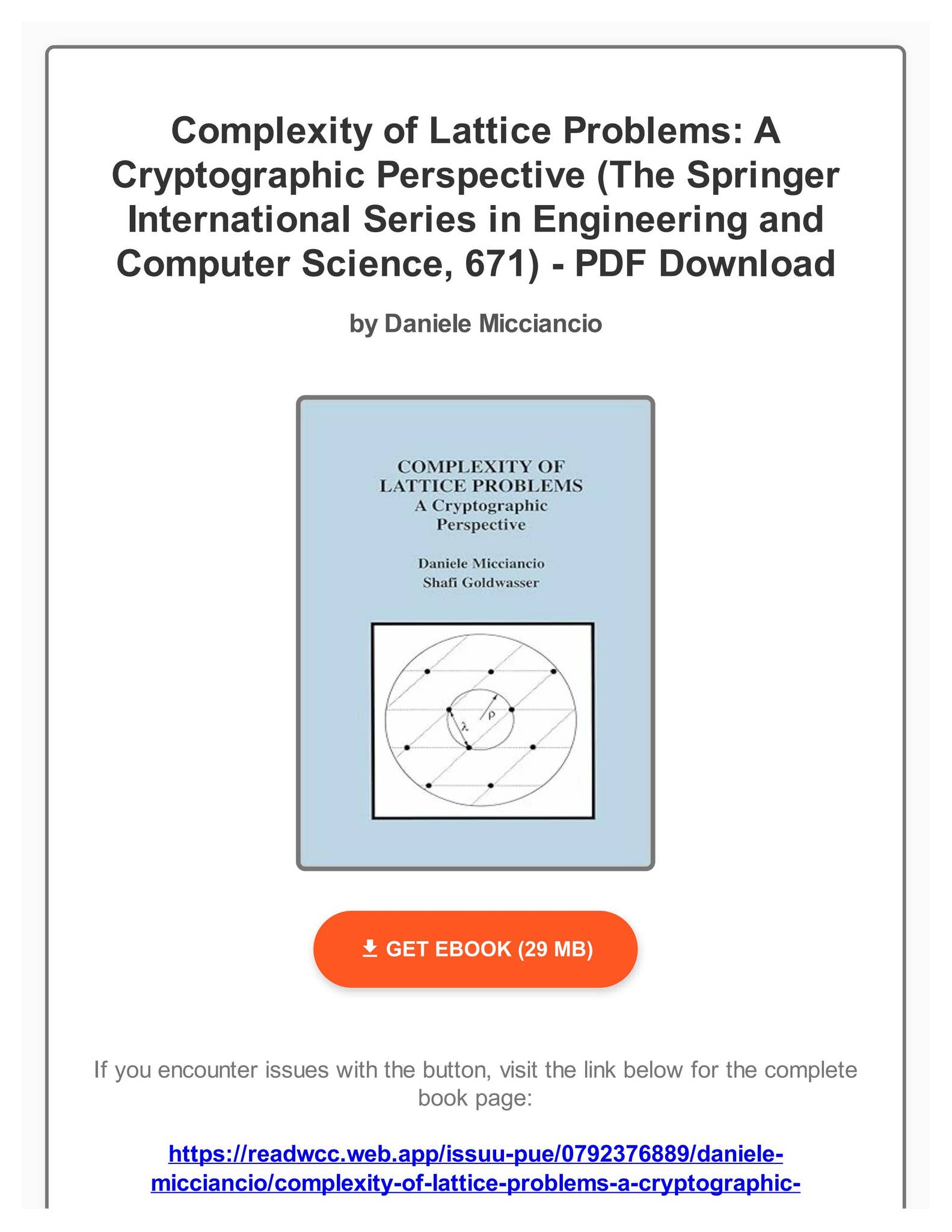Pdf Free Complexity of Lattice Problems: A Cryptographic Perspective ...