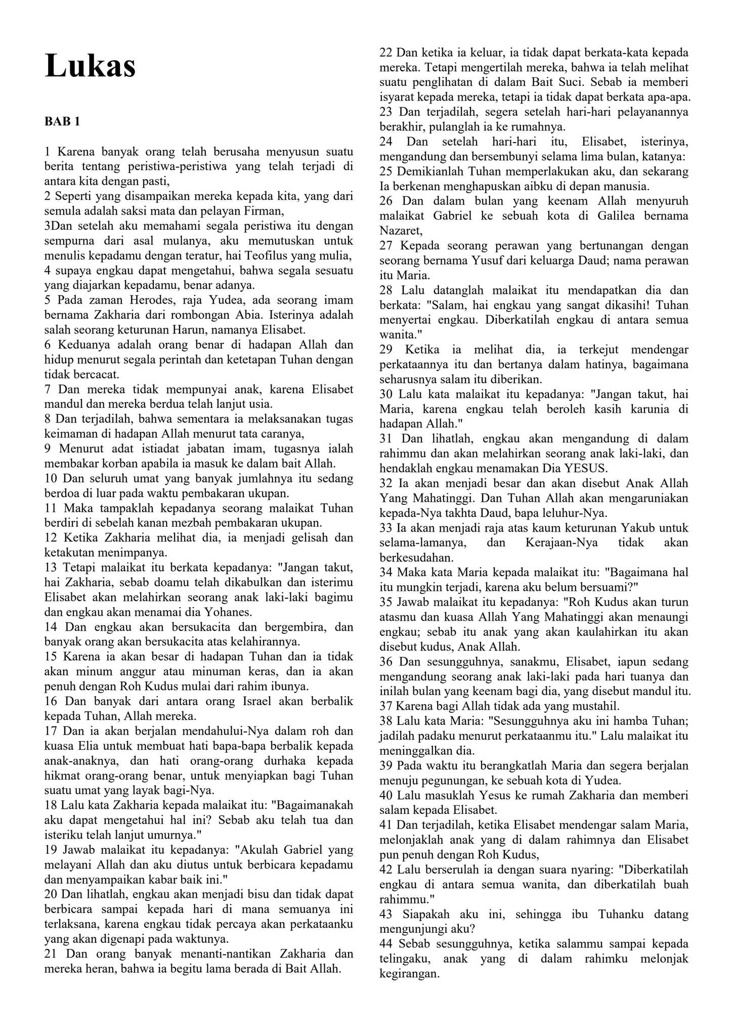 Indonesian - The Gospel of Luke by Filipino Tracts and Literature ...