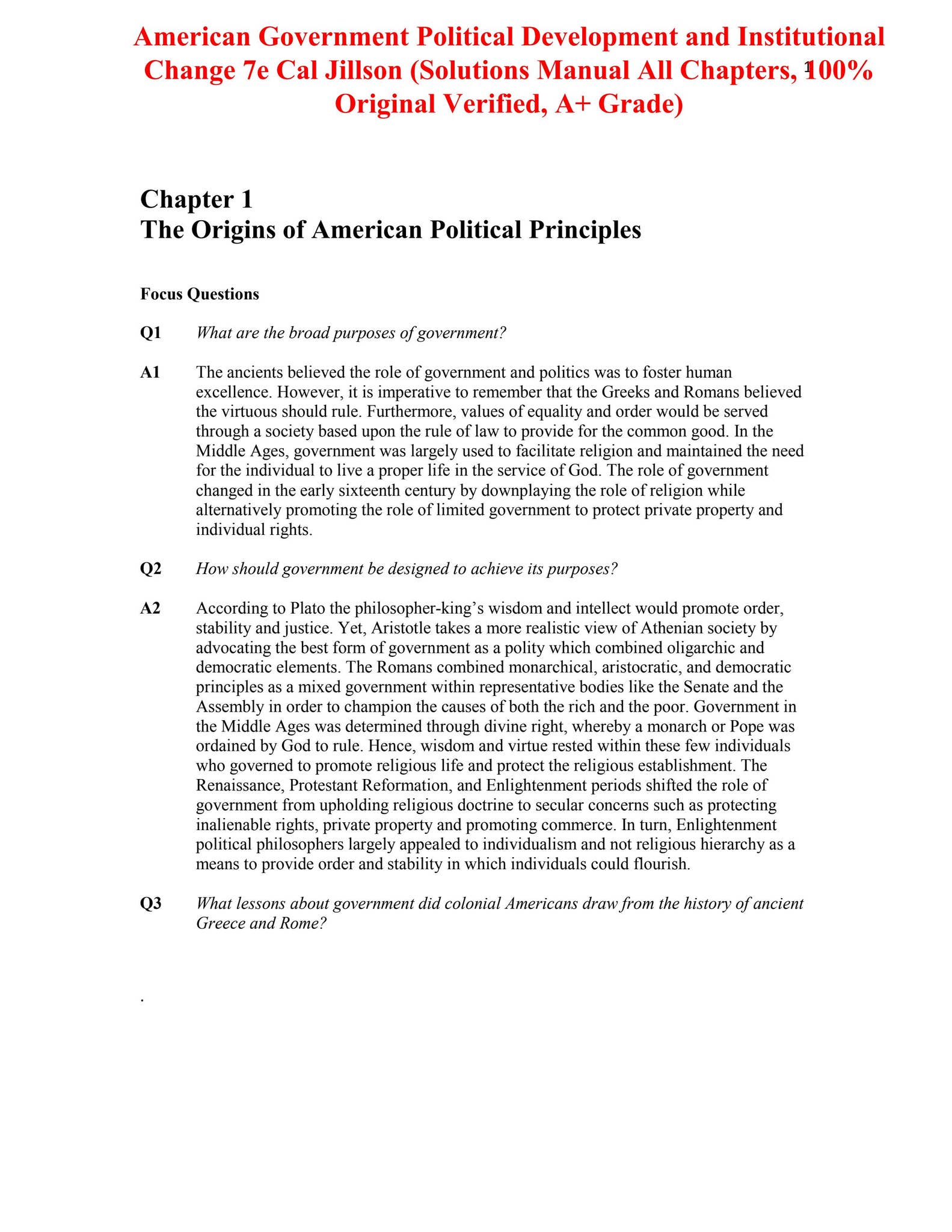 SOLUTIONS MANUAL for American Government Political Development and Institutional Change 7th ...