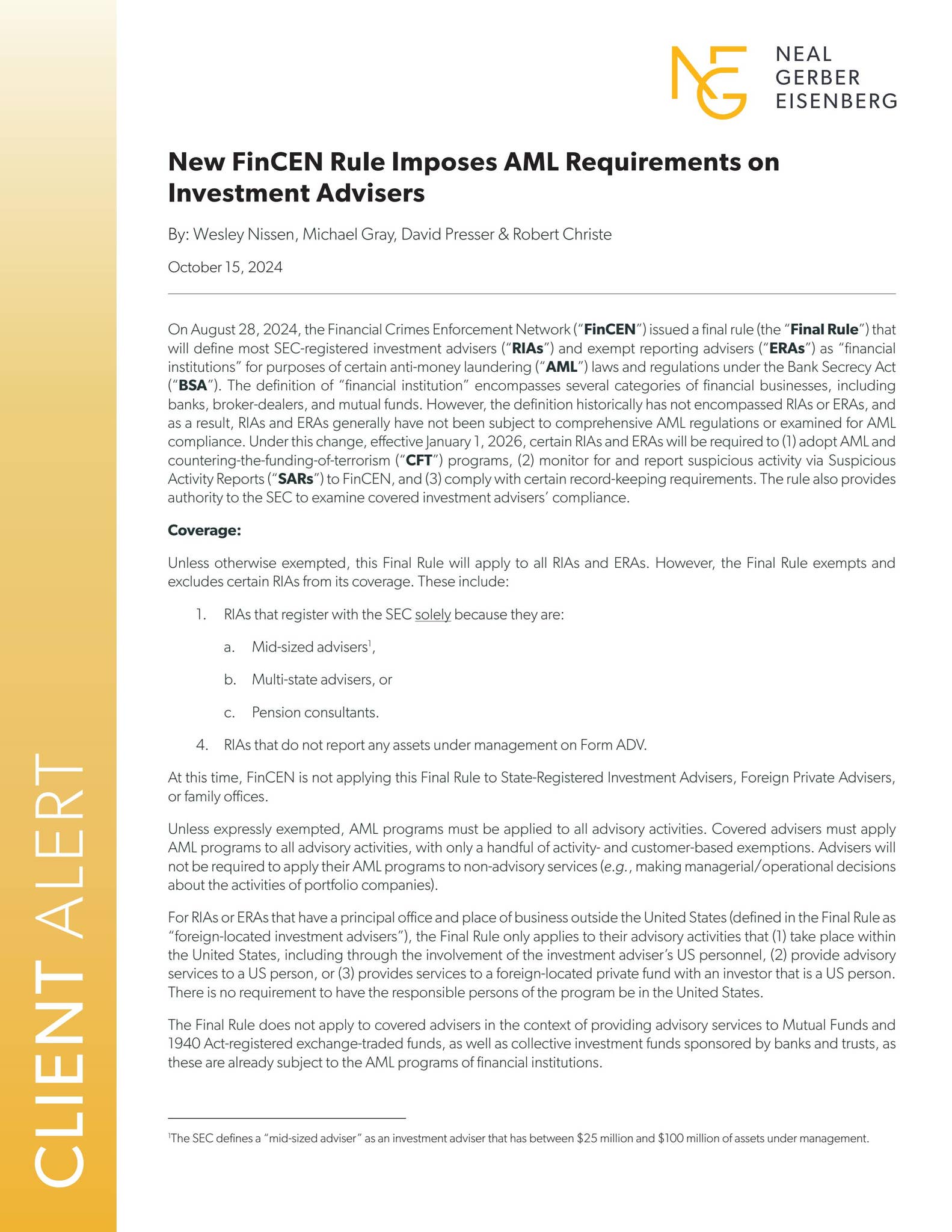 New FinCEN Rule Imposes AML Requirements on Investment Advisers by Neal ...