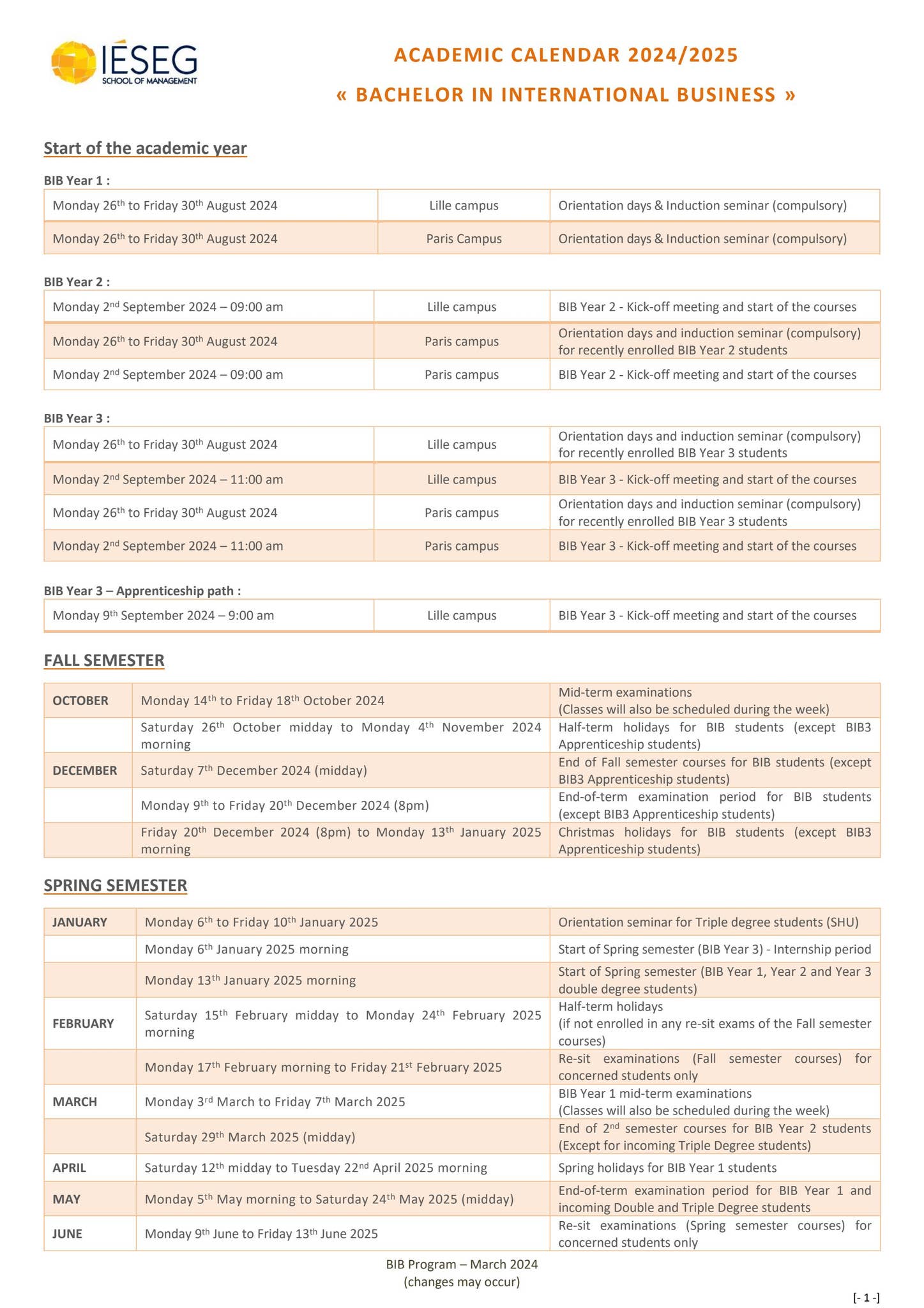 BIB Academic Calendar 2024-2025 by IÉSEG - Issuu