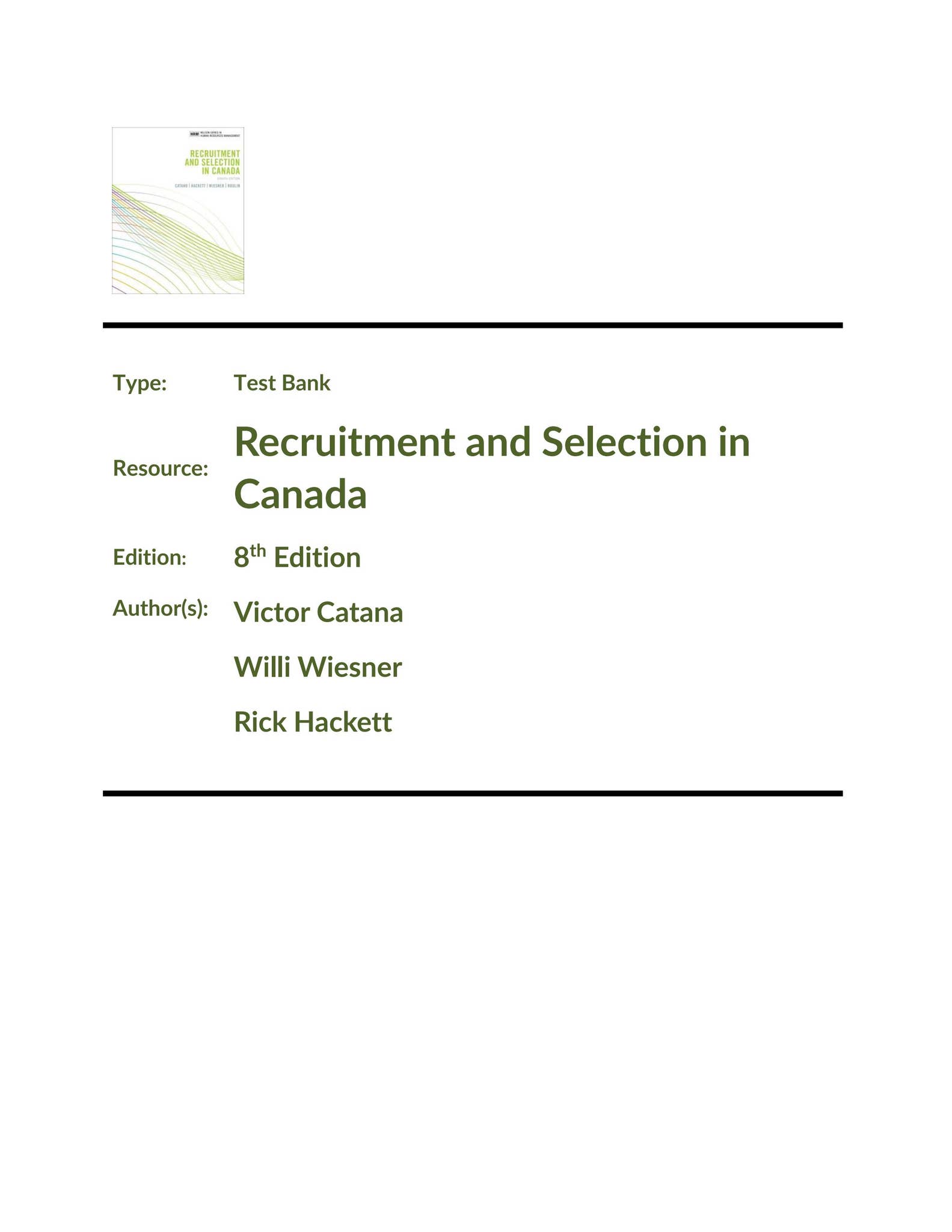 Recruitment and Selection in Canada 8th Edition Test Bank by TBtutors ...