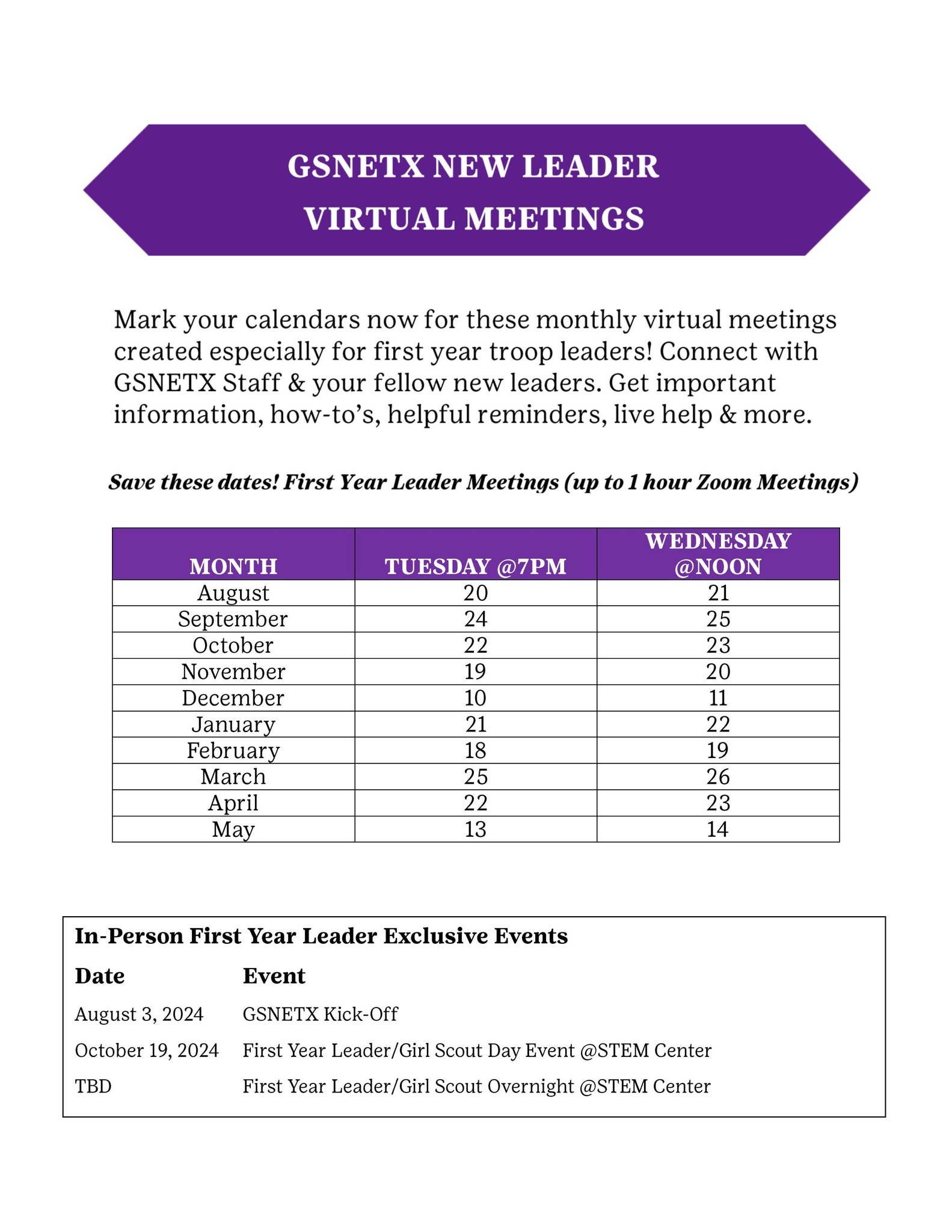 New Leader Virtual Meeting Calendar MY24_25 by Girl Scouts of Northeast ...