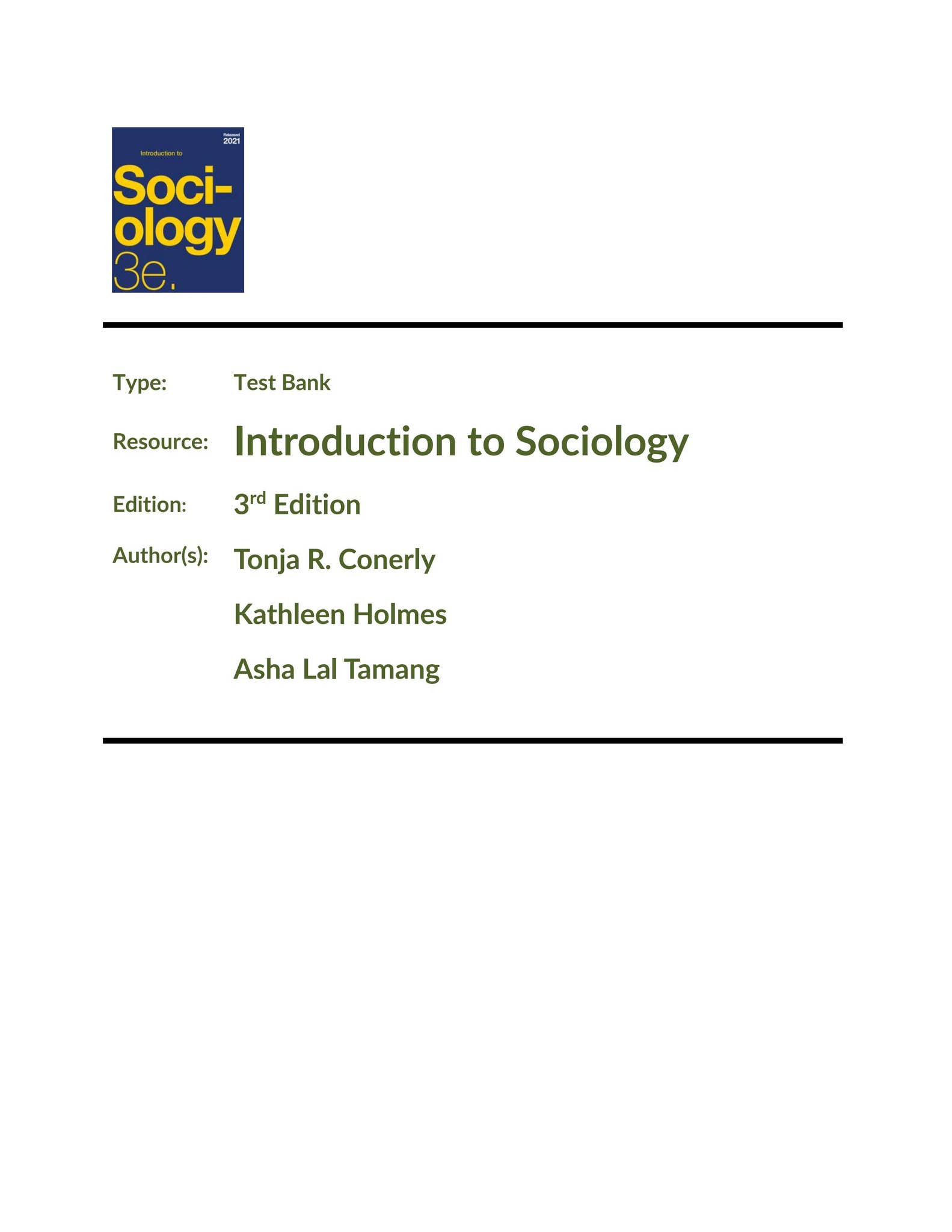 Test Bank for Introduction to Sociology 3rd edition Conerly by TBtutors ...