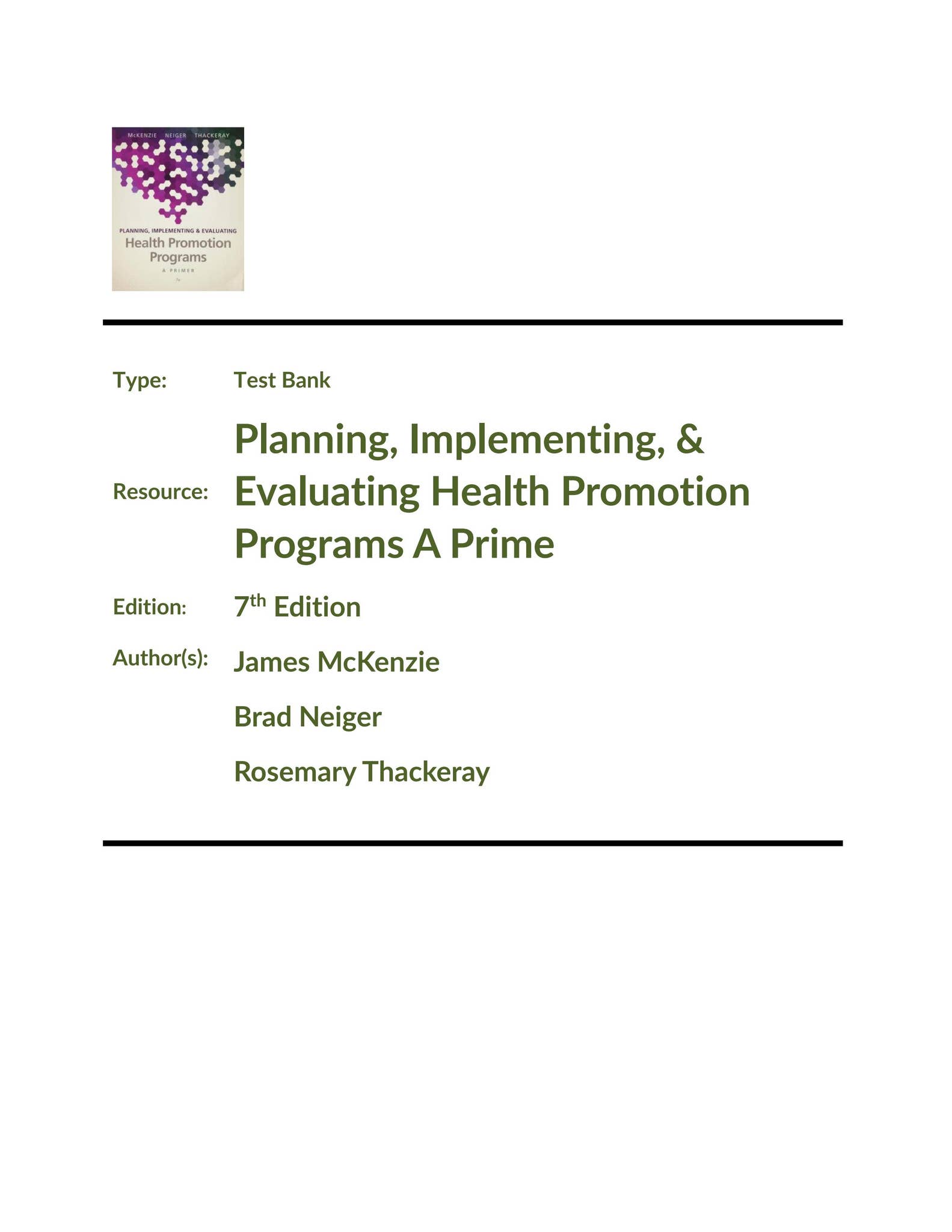Test Bank for Planning, Implementing, & Evaluating Health Promotion ...