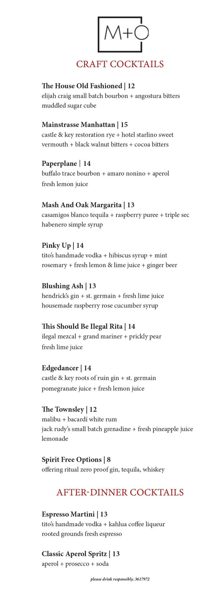 Mash and Oak inside Cincinnati Marriott at RiverCenter Drink Menu by ...
