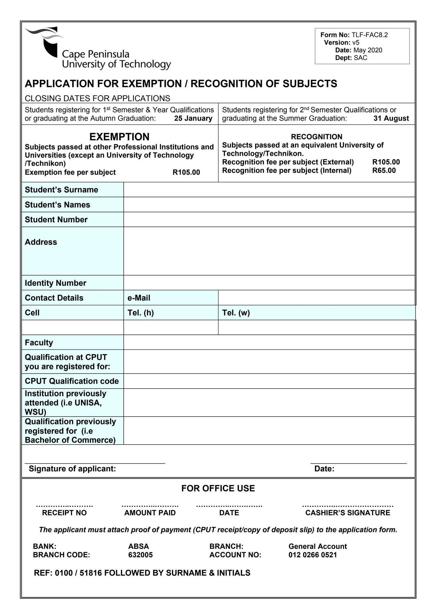 Application for Exemption and Recognition form by Cape Peninsula ...
