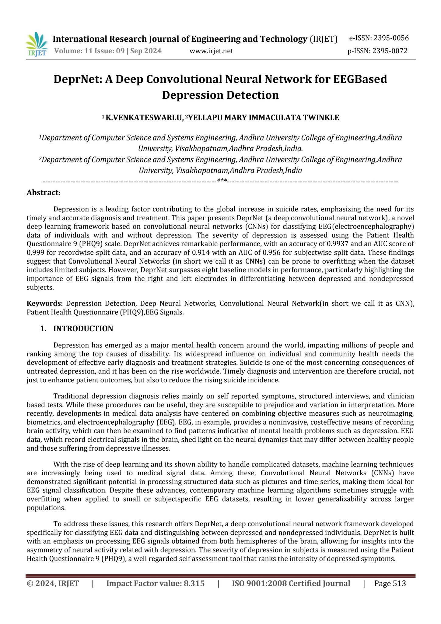 DeprNet: A Deep Convolutional Neural Network for EEGBased Depression ...