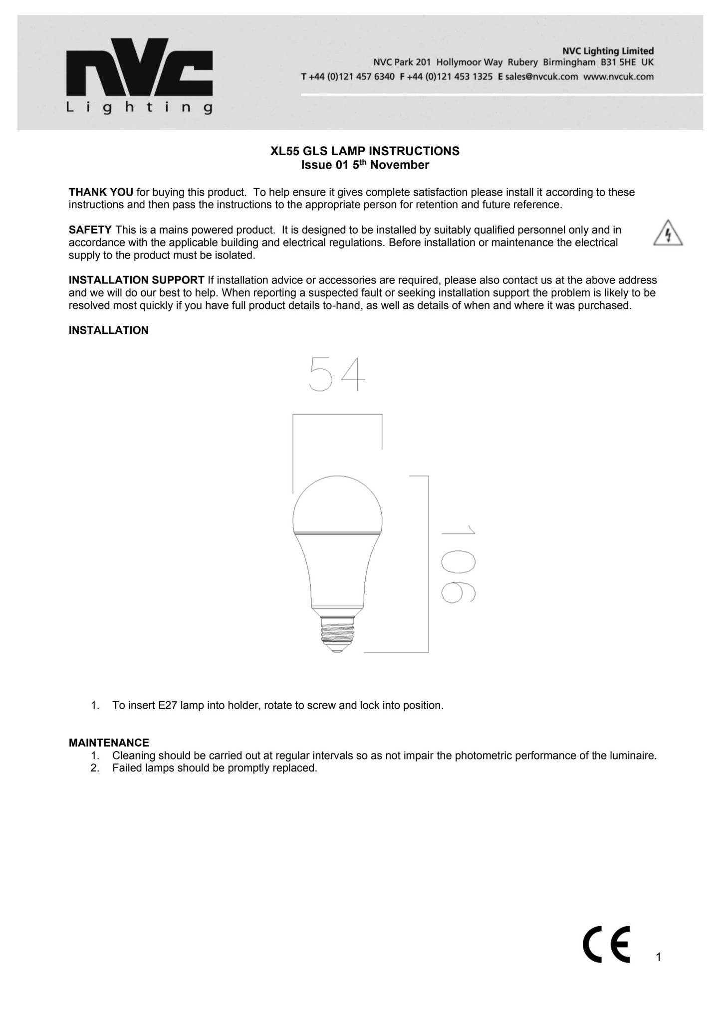 XL55 GLS LAMP - INSTRUCTION SHEET by NVC Lighting UK - Issuu