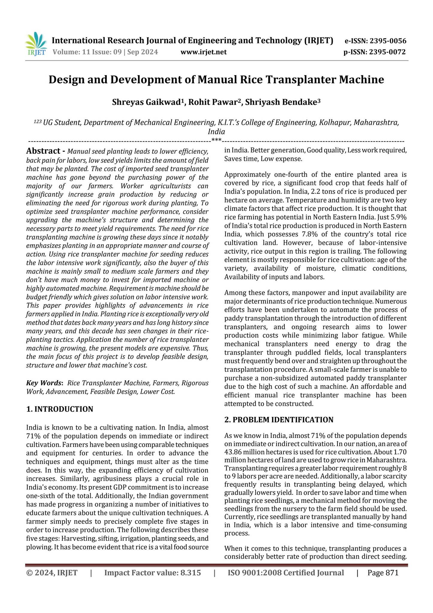 Design and Development of Manual Rice Transplanter Machine by IRJET ...