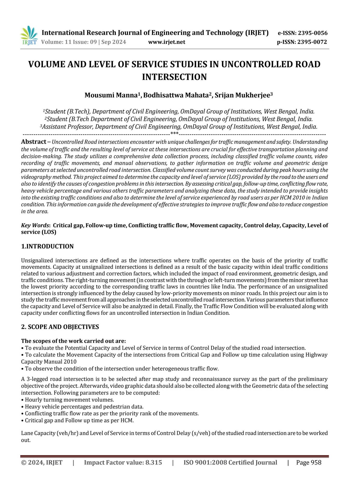 VOLUME AND LEVEL OF SERVICE STUDIES IN UNCONTROLLED ROAD INTERSECTION by IRJET Journal - Issuu