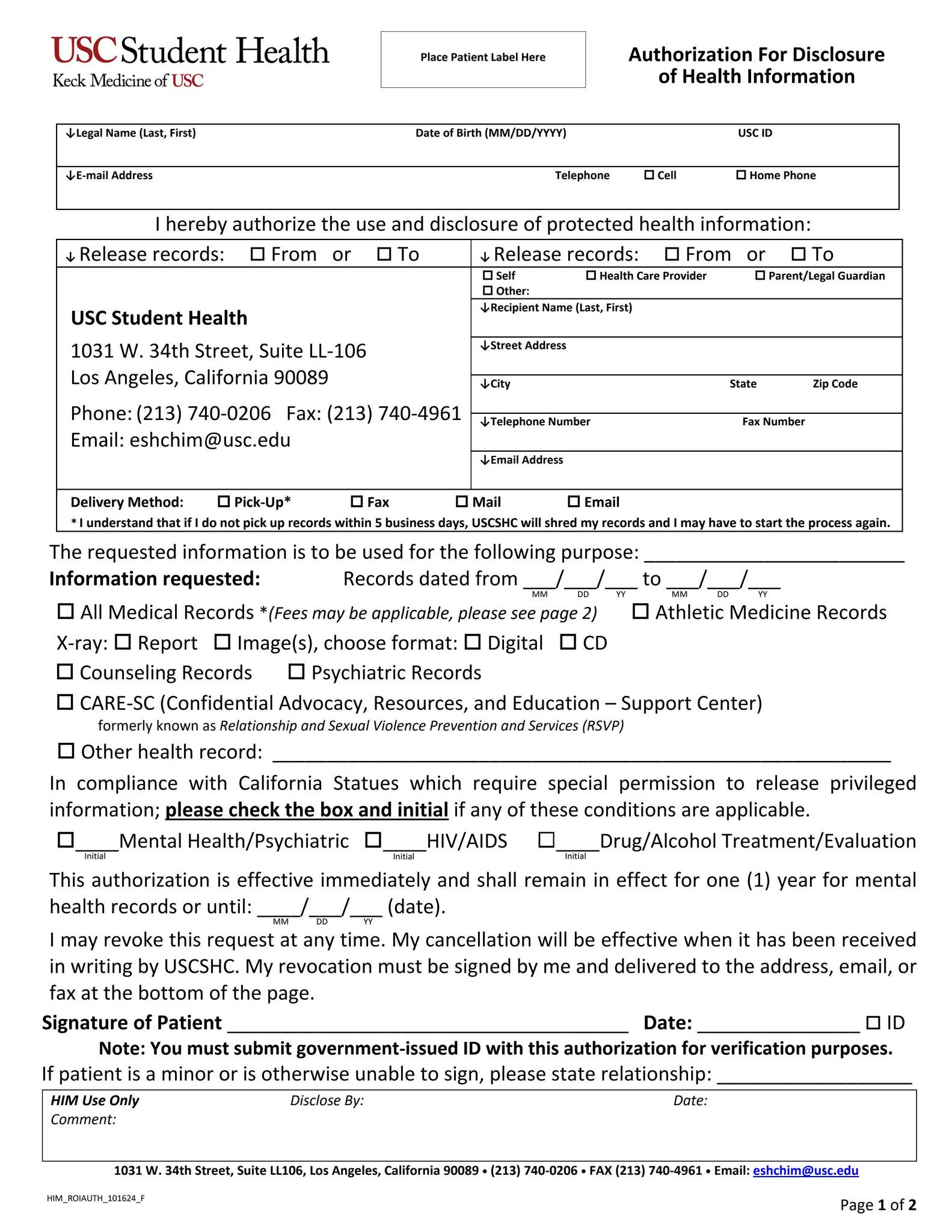 Authorization for Disclosure of Health Information by USC Campus Health ...