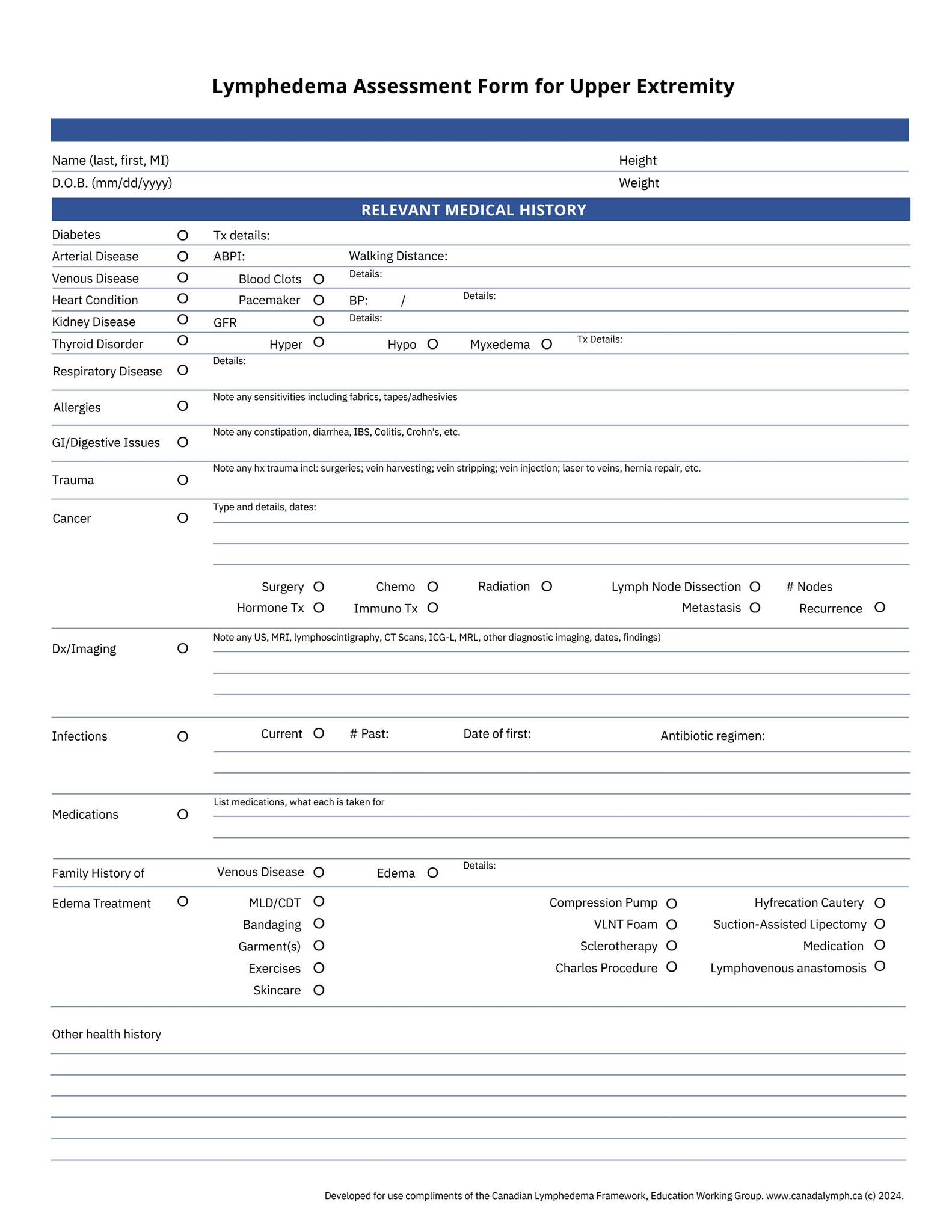Lymphedema Assessment Form for Upper Extremity by Canadian Lymphedema ...