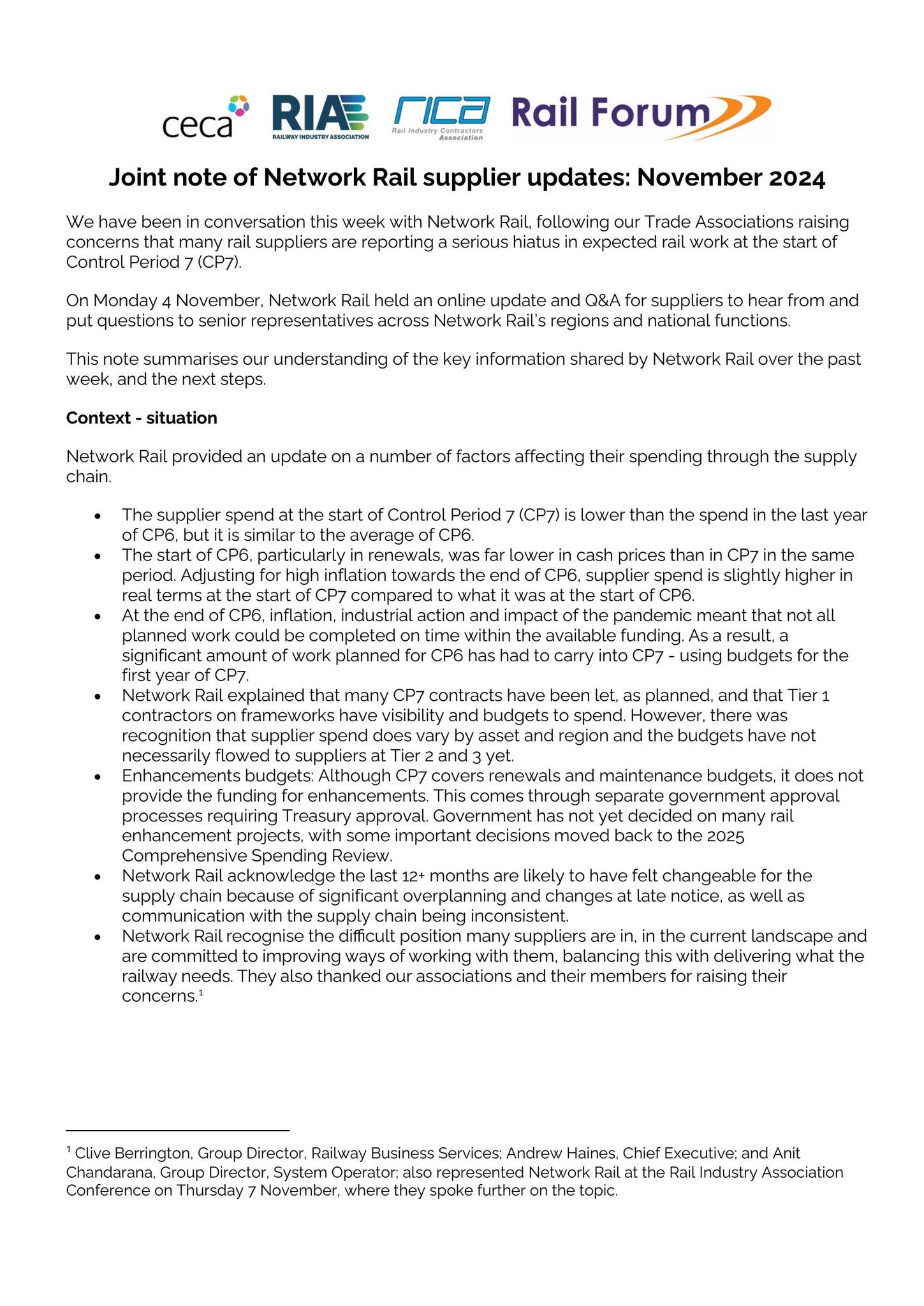 Joint note of Network Rail supplier updates: November 2024 by Railway ...