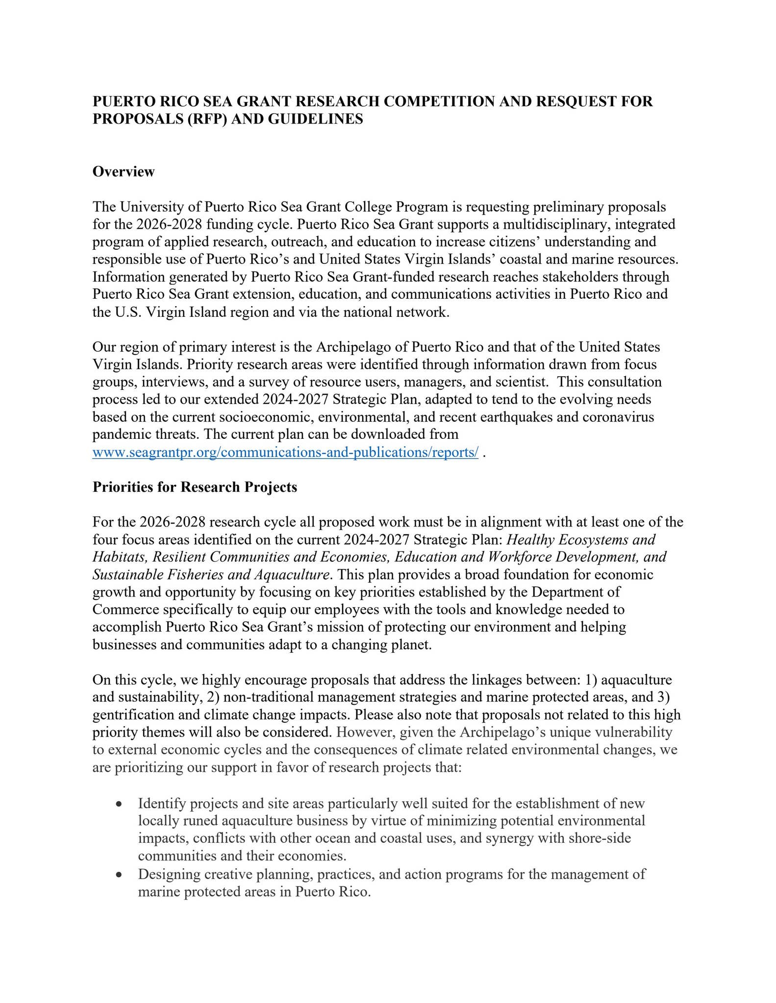 PUERTO RICO SEA GRANT RESEARCH COMPETITION AND RESQUEST FOR PROPOSALS ...