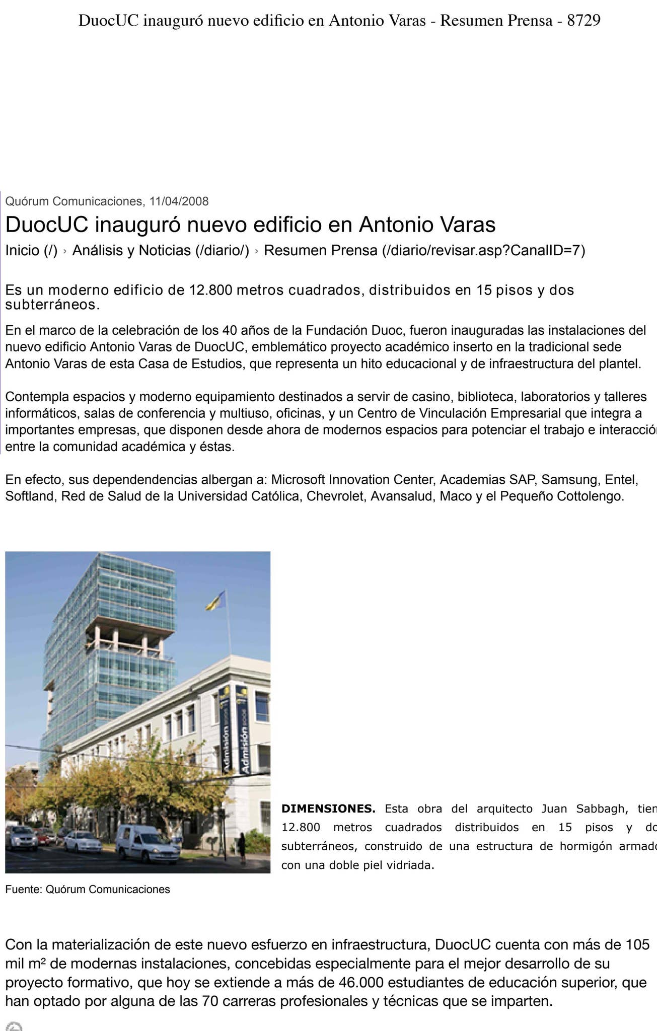 Duoc UC inauguró nuevo edificio en Antonio varas resumen prensa. by Observatorio Duoc UC - Issuu