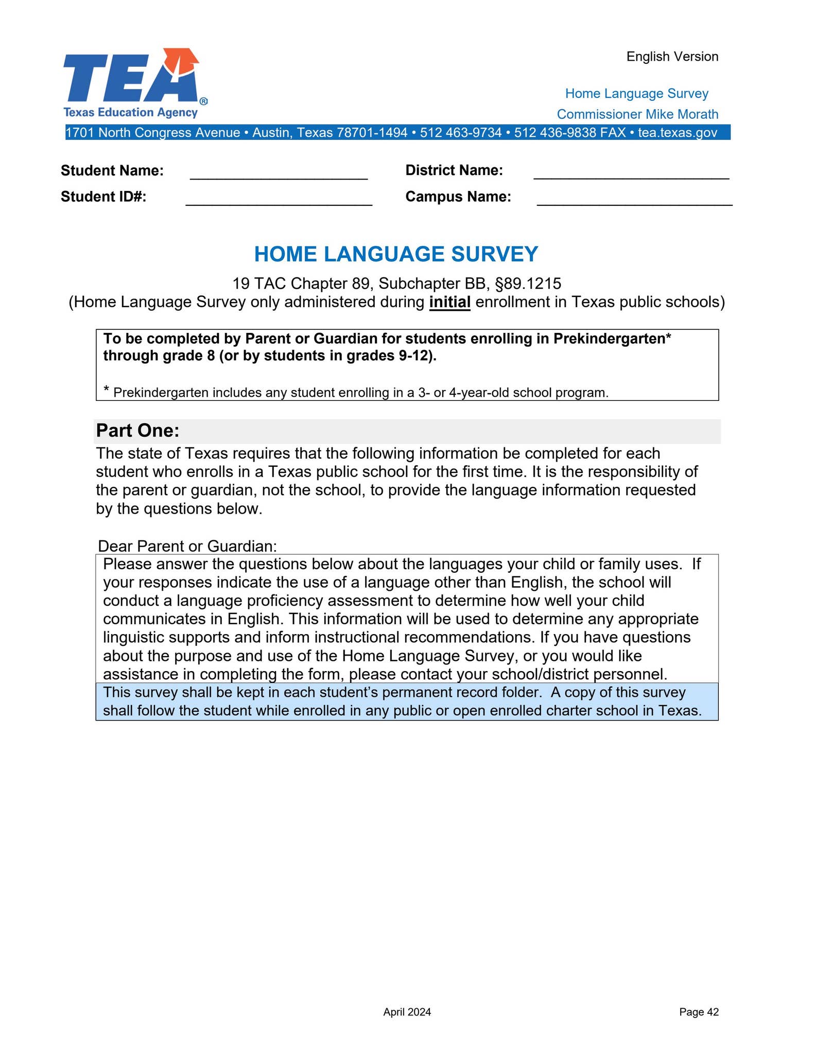 Home Language Survey 2024-English by St. Joseph Academy - Issuu