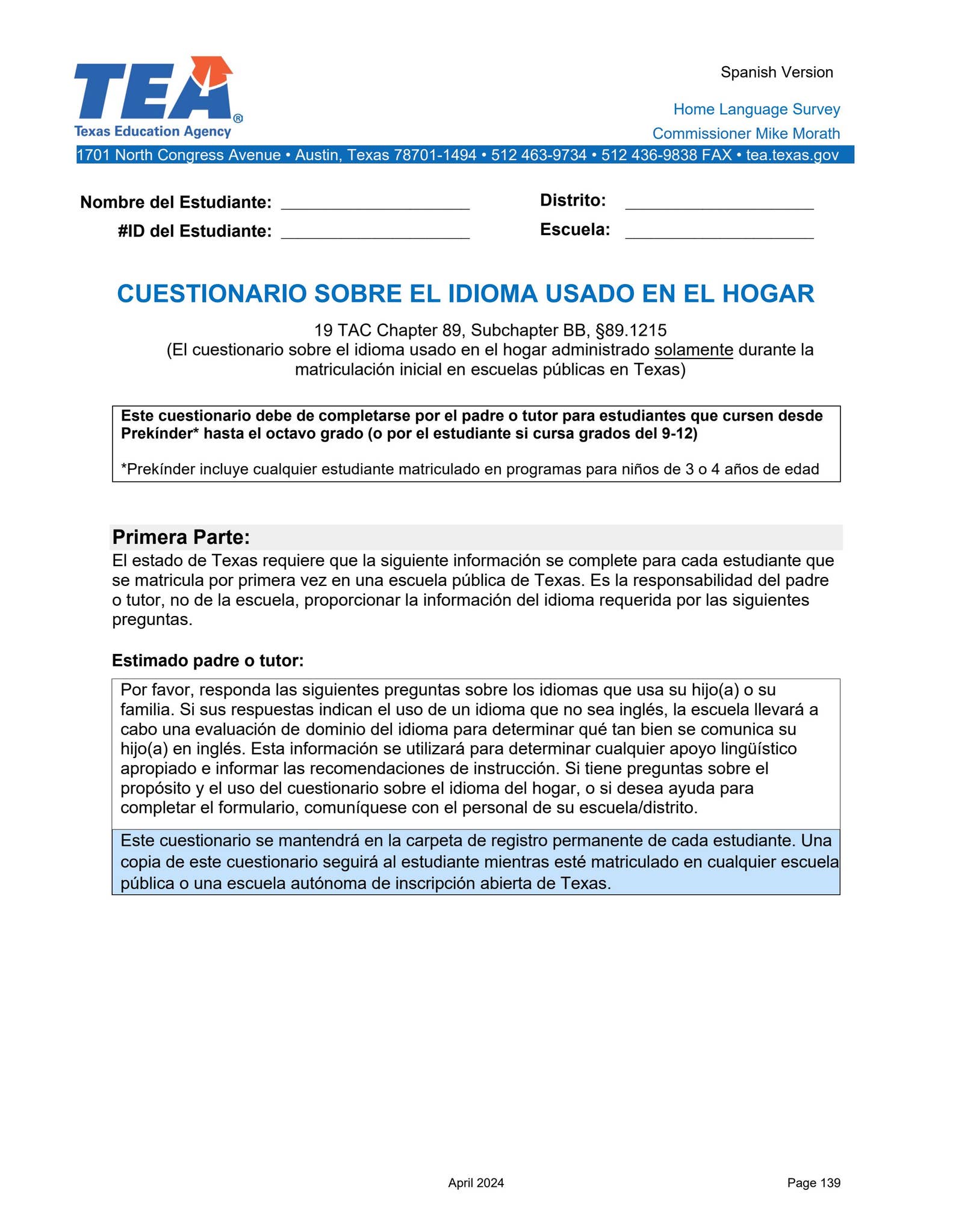 Home Language Survey 2024-Spanish by St. Joseph Academy - Issuu
