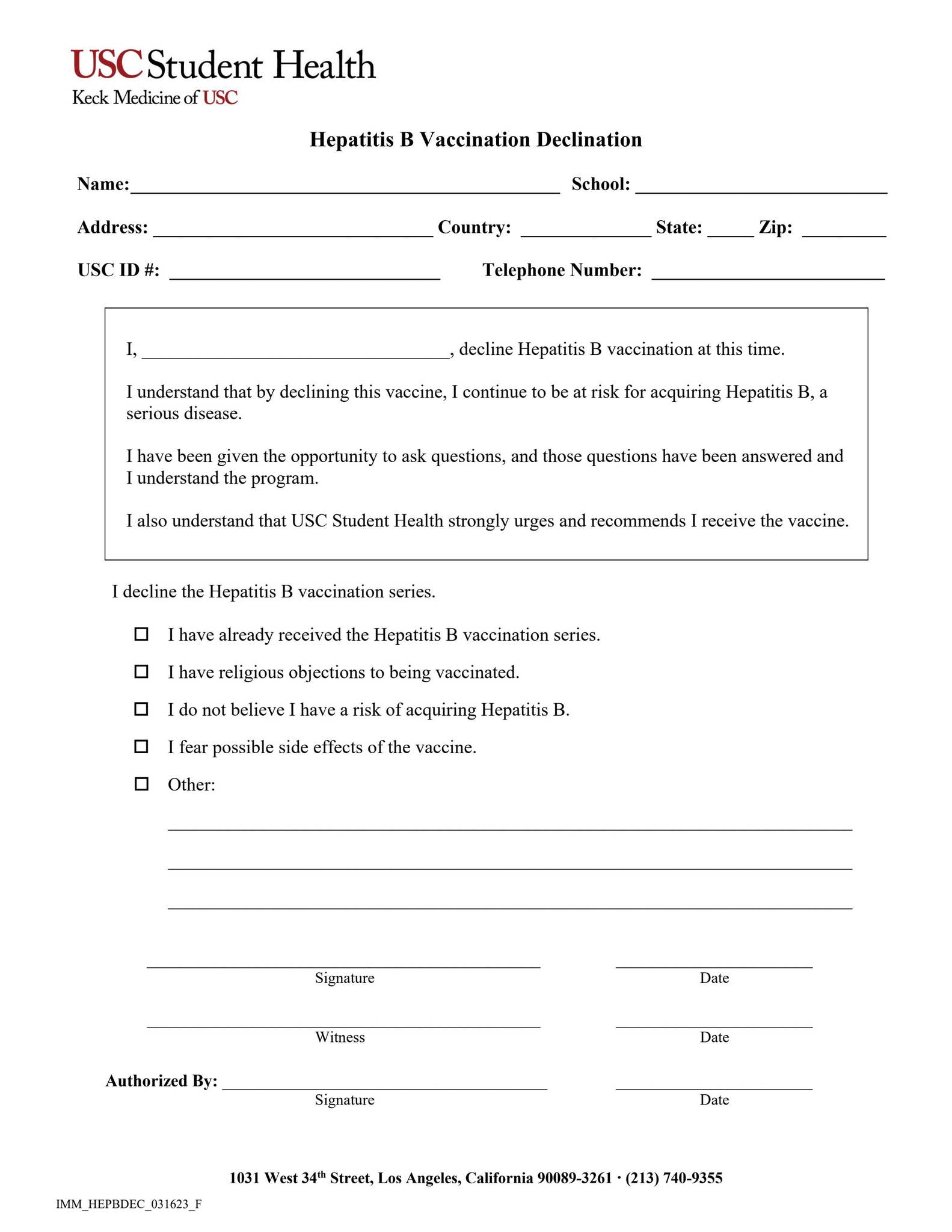 Hepatitis B Vaccination Declination by USC Campus Health Info and Forms ...