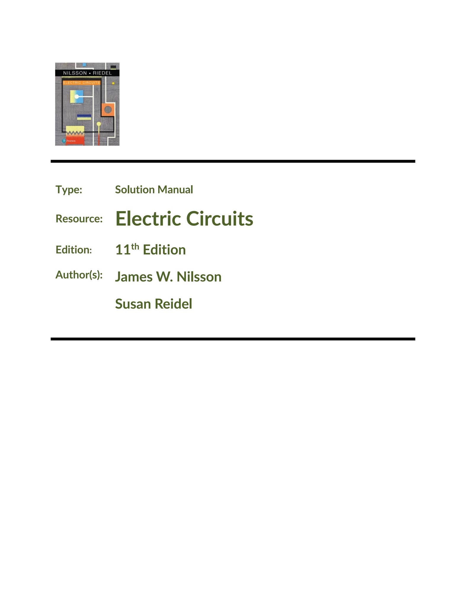 Electric Circuits, 11th edition James W Nilsson Solution Manual by ...
